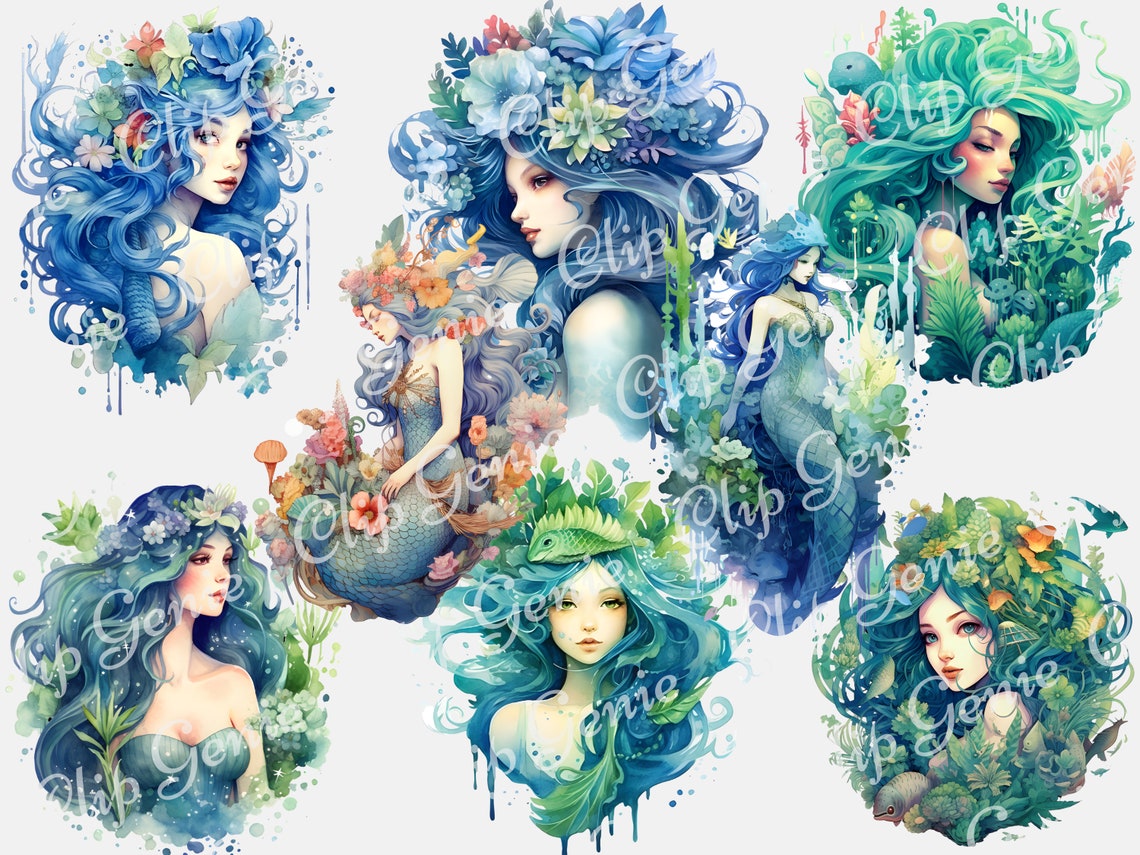 Colorful Mermaids Clipart Watercolor Mermaids Clipart - Etsy