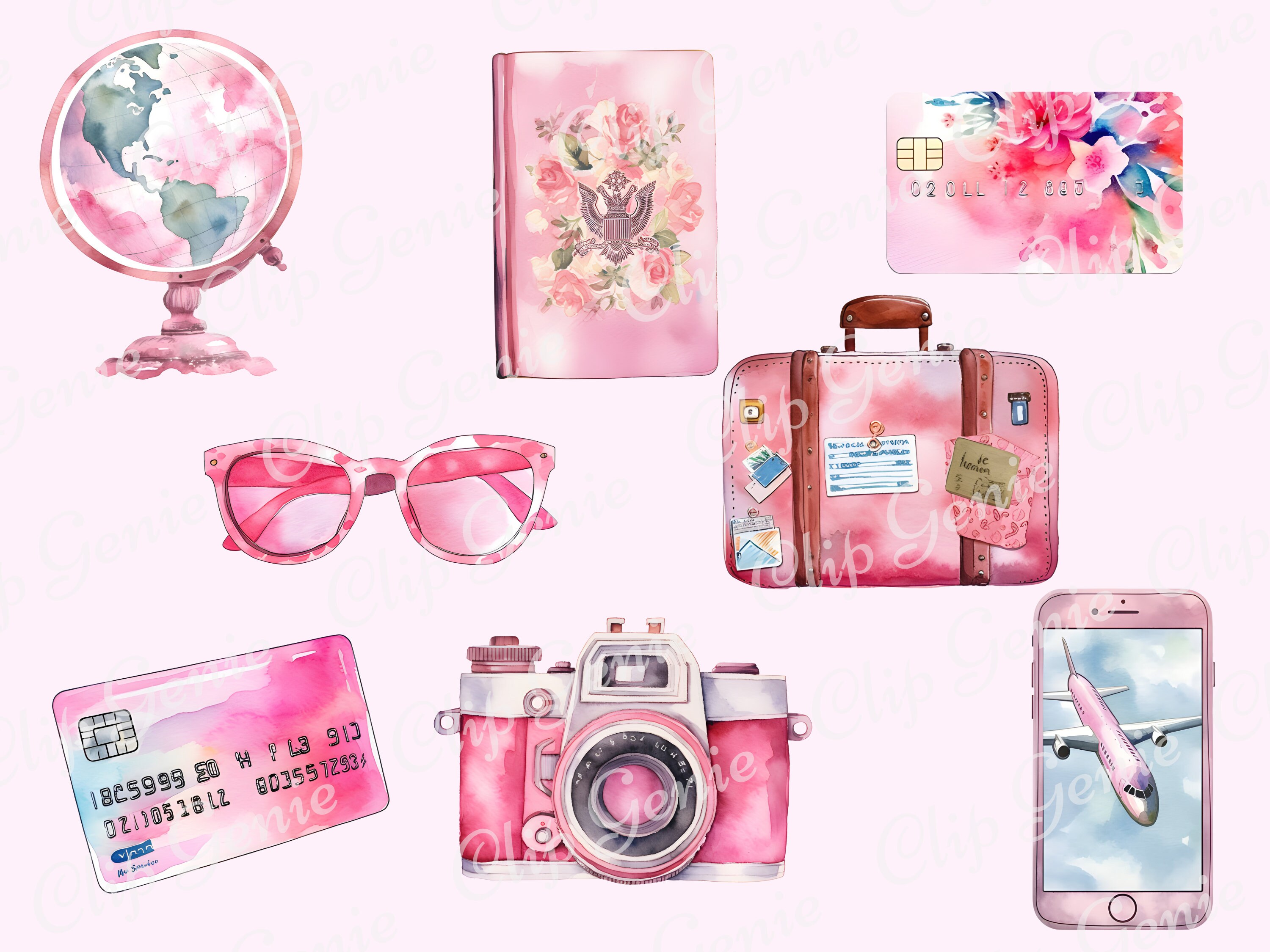 Watercolor Pink Travel Clipart, Summer Vacation PNG (digital Download ...