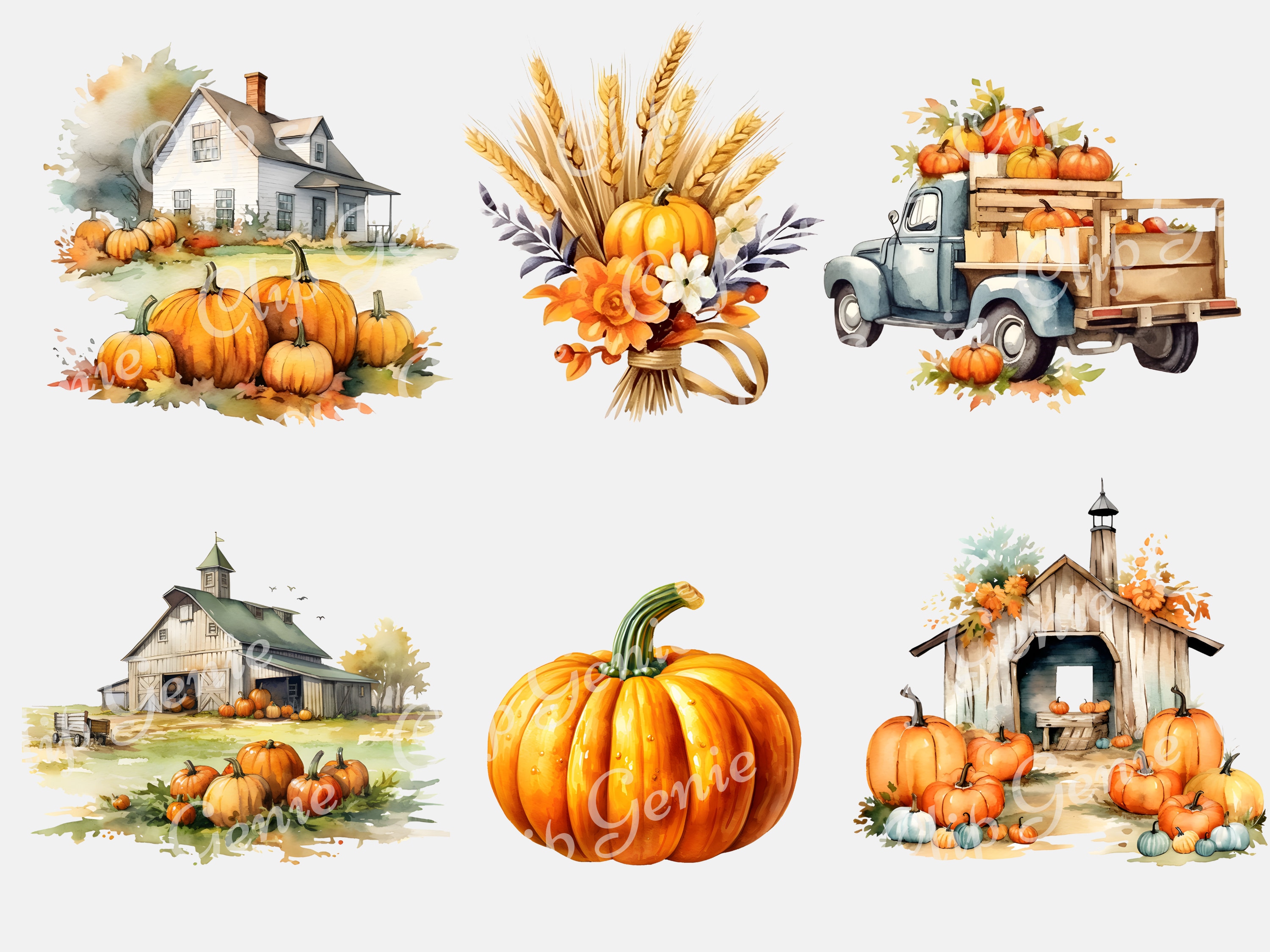 Watercolor Pumpkin Farm Clipart Fall Farm PNG Autumn Farm - Etsy