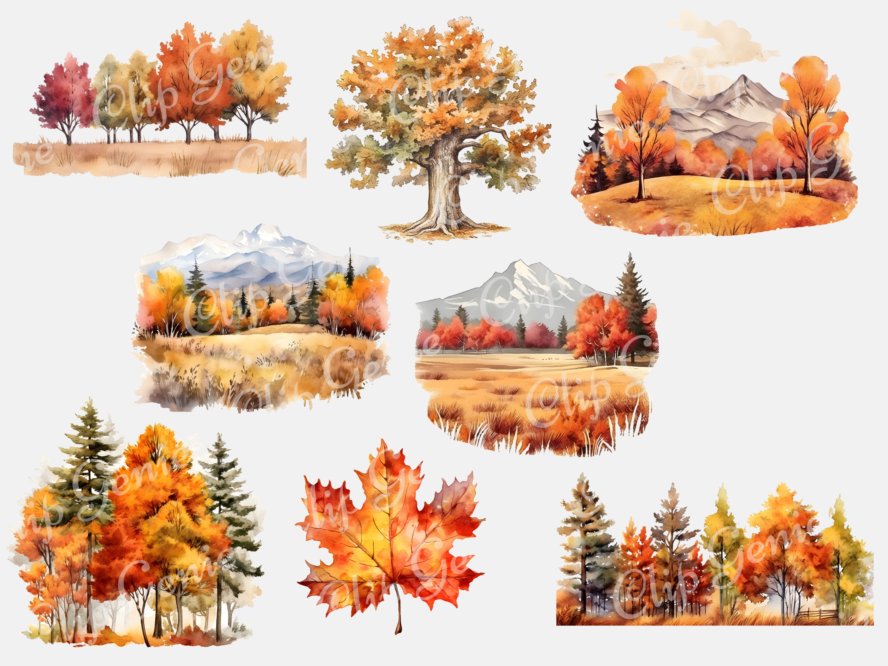Watercolor Fall Landscape Clipart Autumn Landscape PNG Fall - Etsy