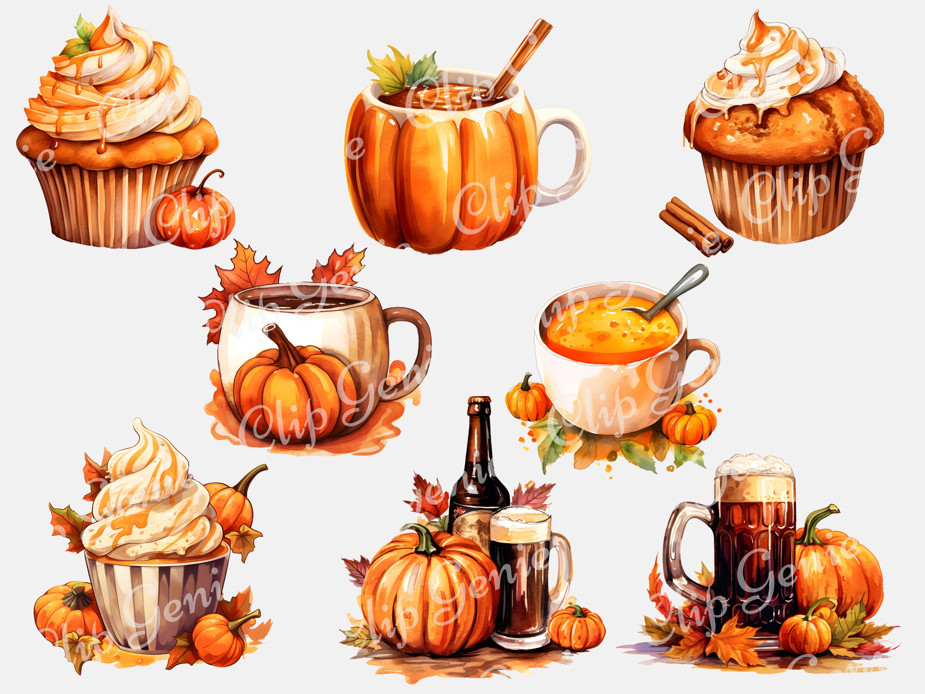 Watercolor Pumpkin Spice Clipart Fall PNG Autumn PNG Fall - Etsy