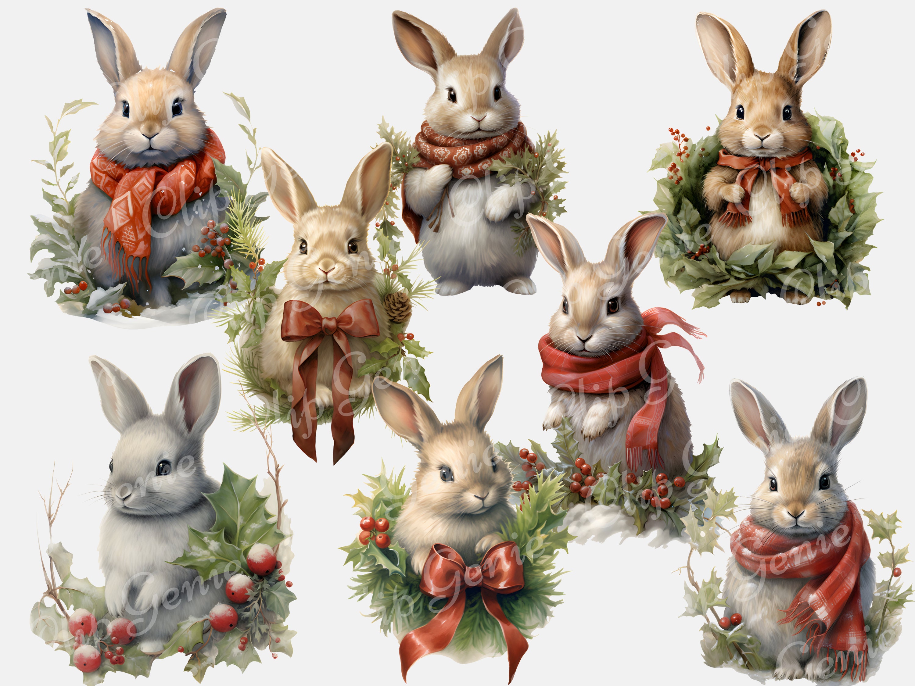 Christmas Rabbit Clipart, Holiday Bunny PNG, Holly and Pine Rabbit ...