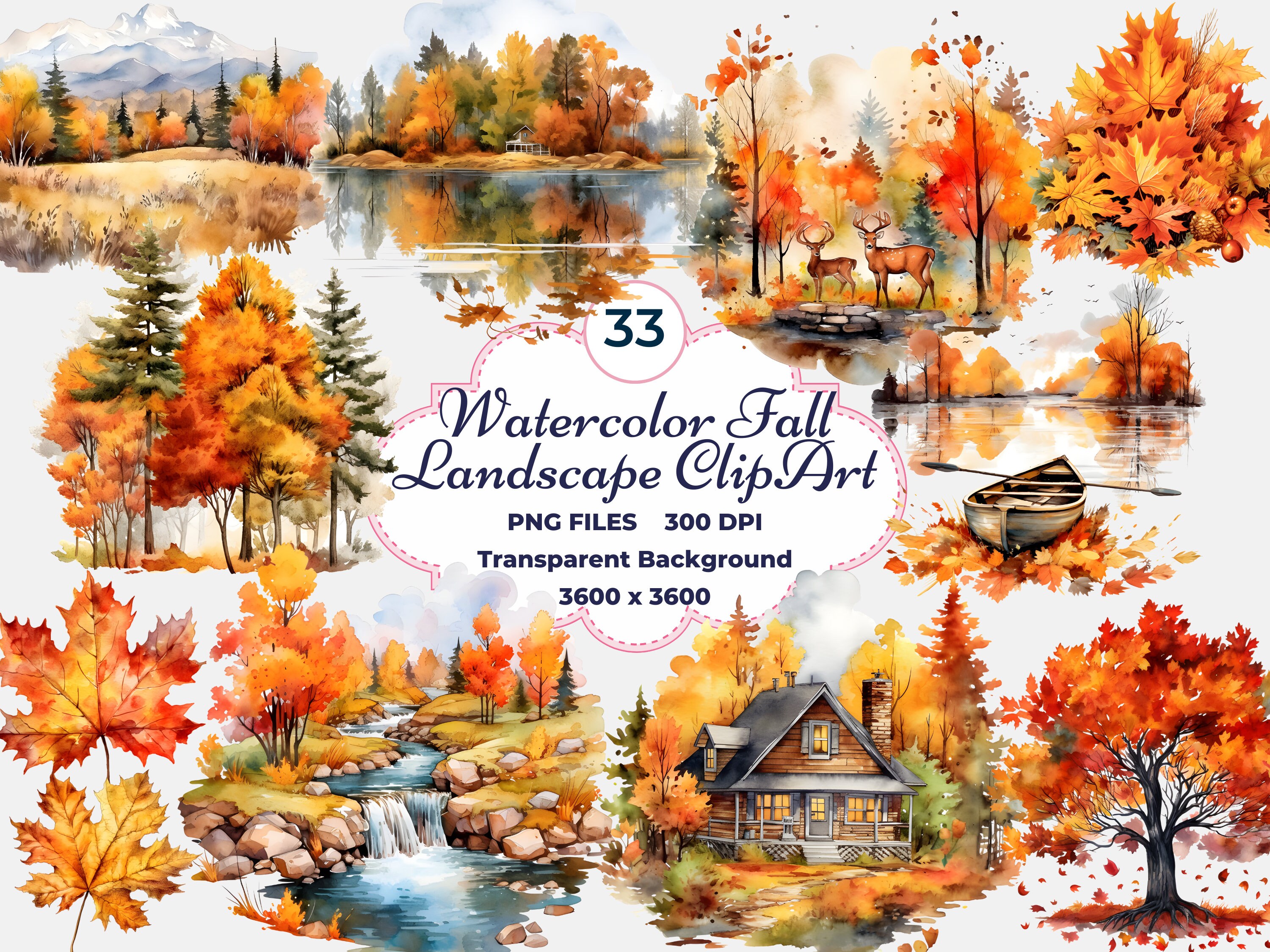 Watercolor Fall Landscape Clipart Autumn Landscape PNG Fall - Etsy