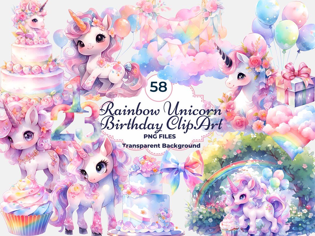 Unicorn Birthday Clipart, Unicorn PNG, Rainbow Unicorn Clipart, Pretty ...
