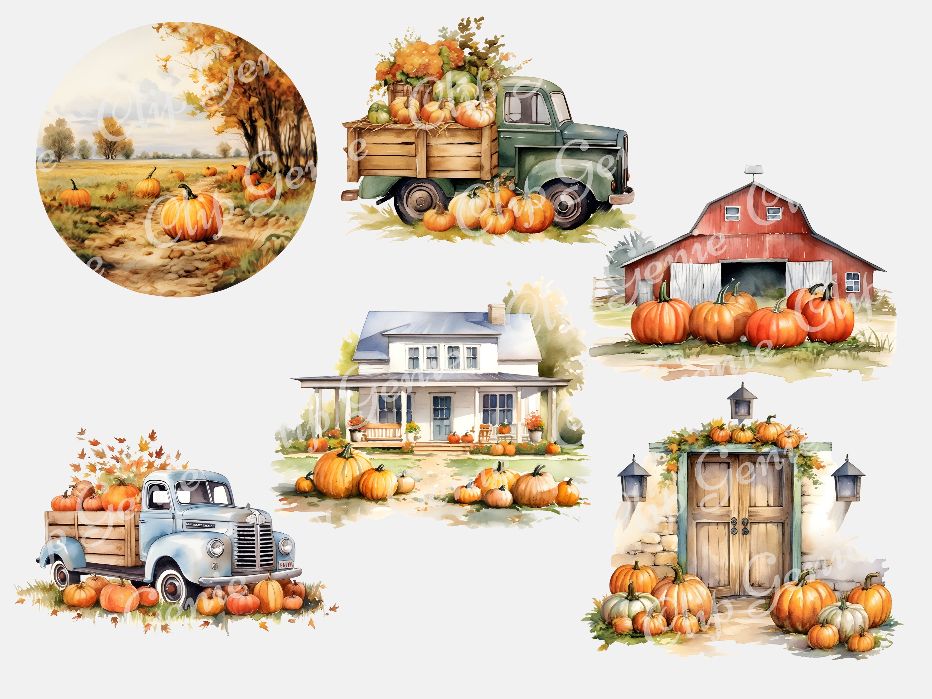 Watercolor Pumpkin Farm Clipart Fall Farm PNG Autumn Farm - Etsy