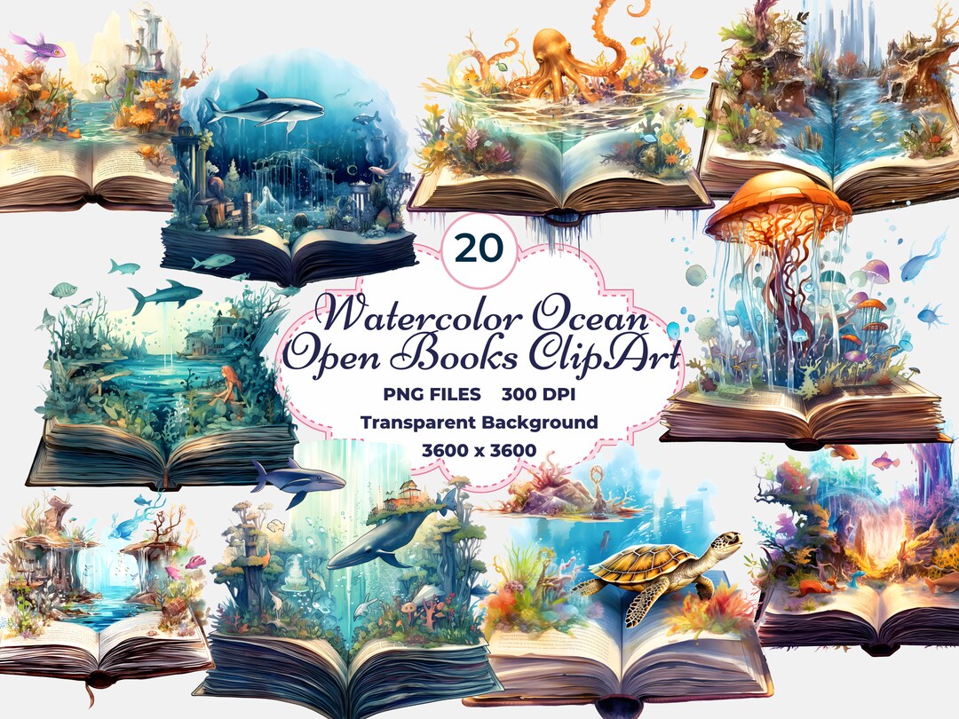 Watercolor Ocean Open Book Clipart, Sea Open Book PNG, Magical Open ...