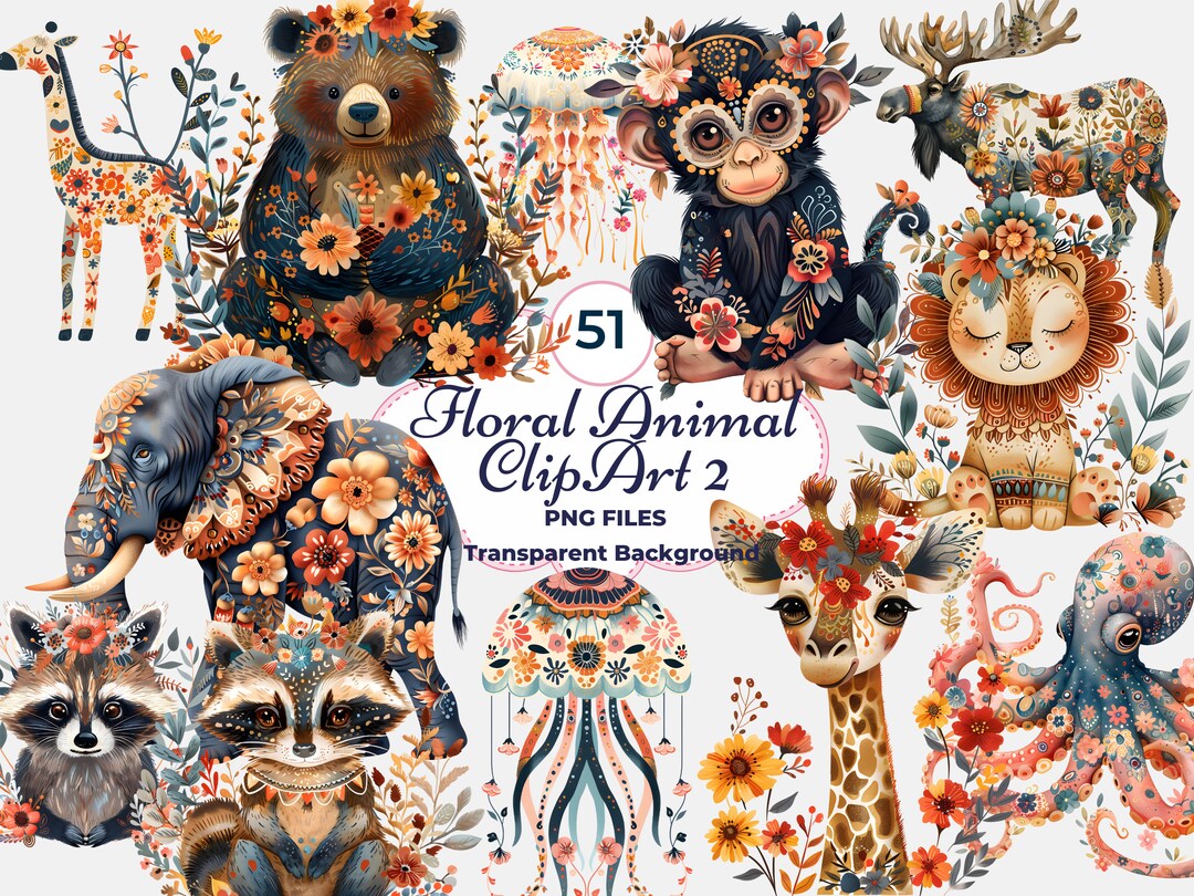 Floral Animal Clipart 2, Boho Animal PNG, Sublimation, Scrapbooking ...