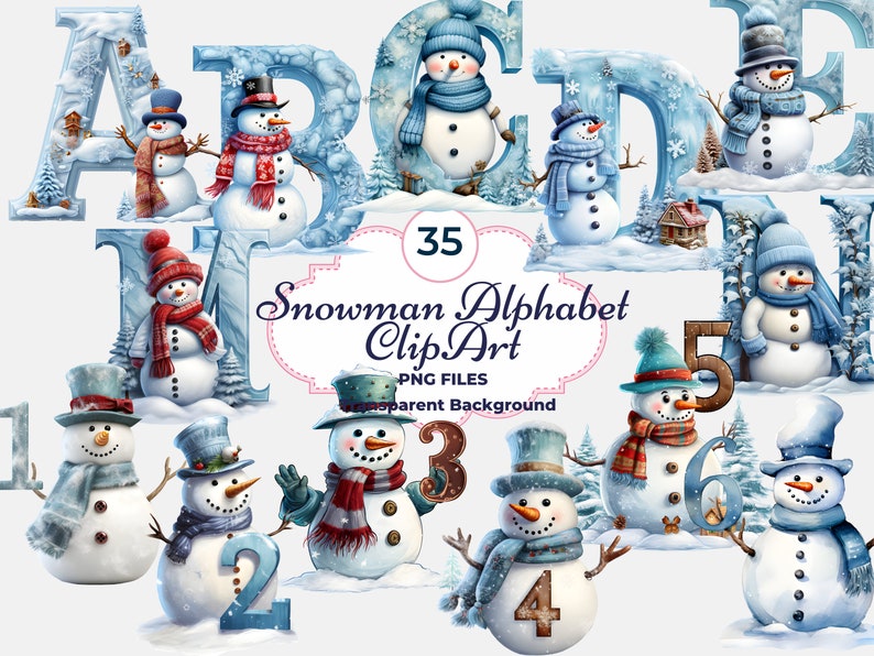 Snowman Alphabet Clipart, Snowman Letters and Numbers PNG, Holiday ...