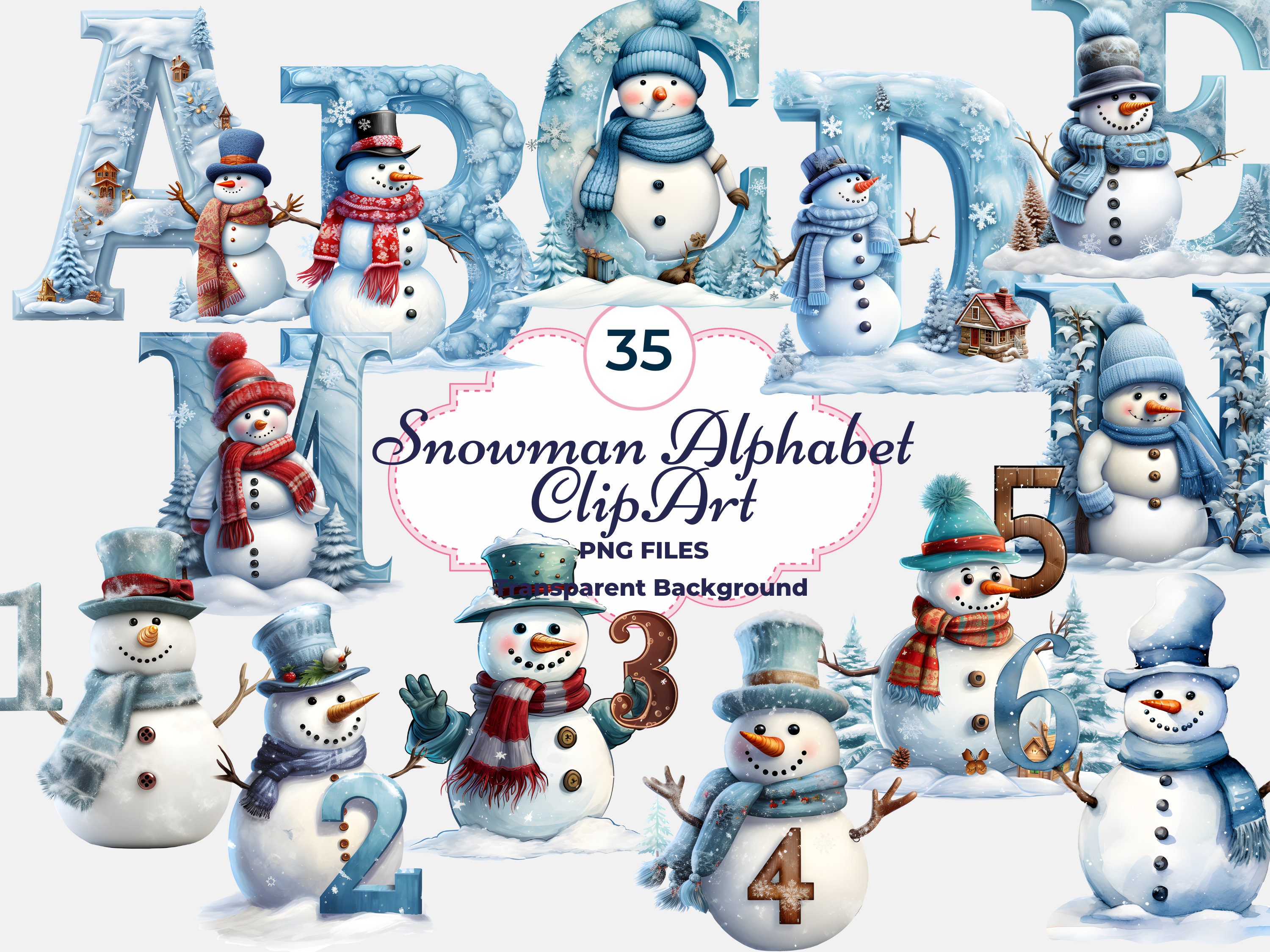 Snowman Alphabet Clipart, Snowman Letters and Numbers PNG, Holiday ...