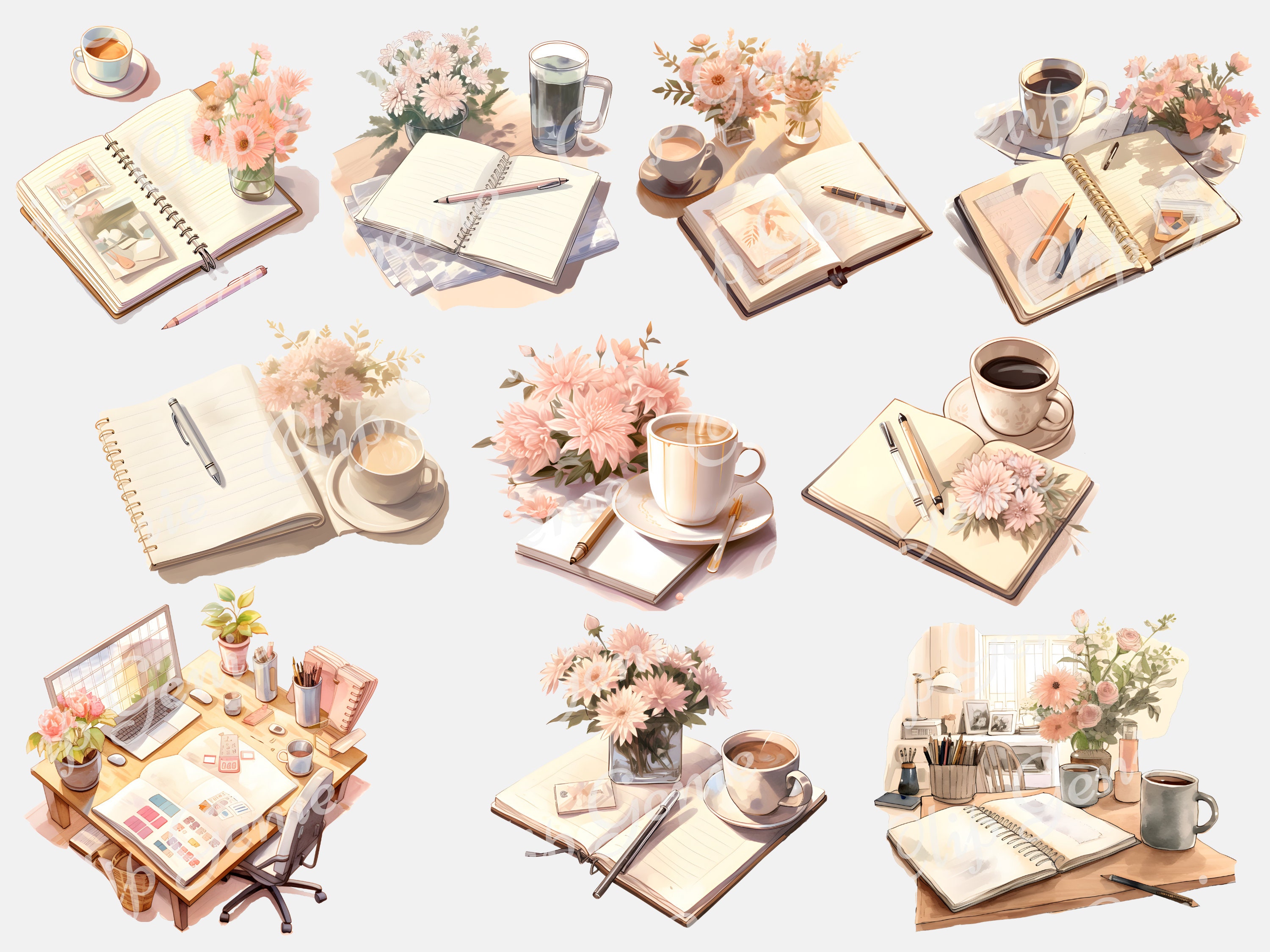 Watercolor Pink Journal Clipart, Coffee and Journaling Clipart, Journal ...