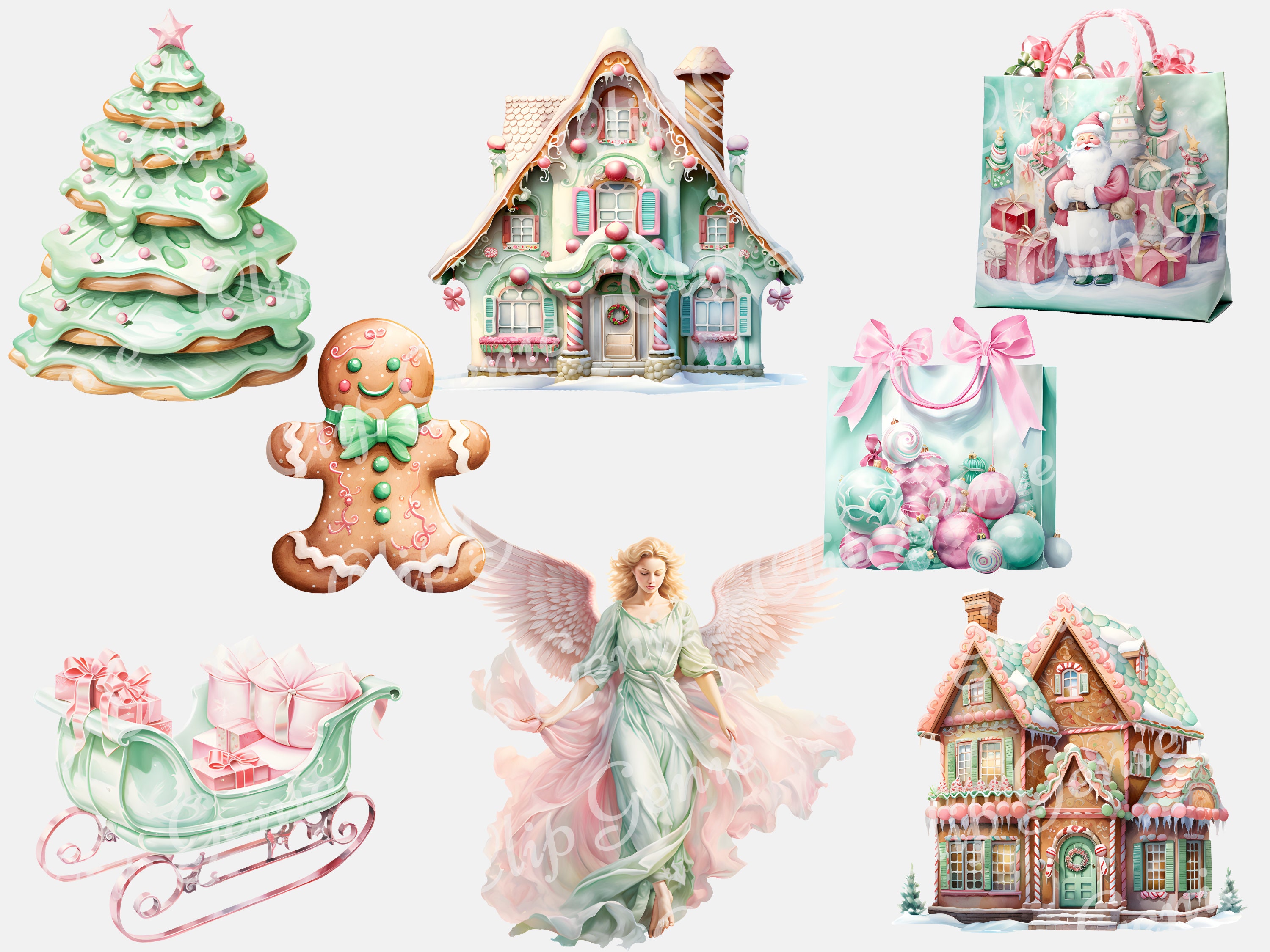 Pink and Mint Christmas Clipart Pastel Christmas PNG Santa - Etsy