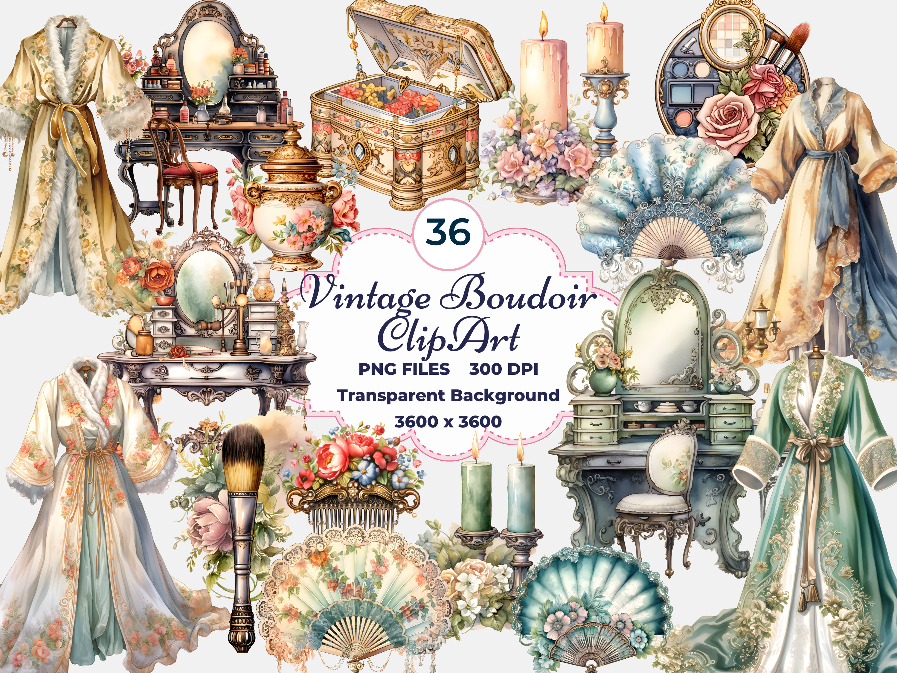 Vintage Boudoir Clipart, Renaissance PNG, Robe, Fan, Makeup, Makeup ...