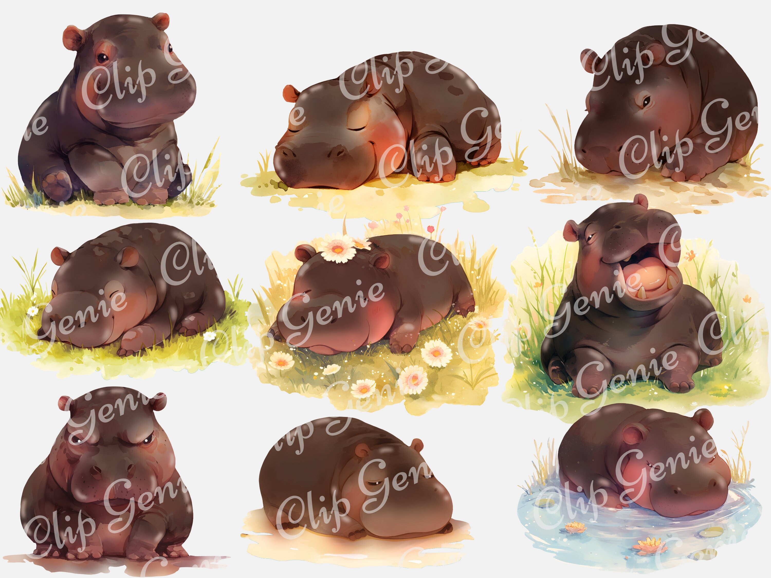 Watercolor Baby Hippo Clipart, Pygmy Hippo PNG, Transparent Background ...
