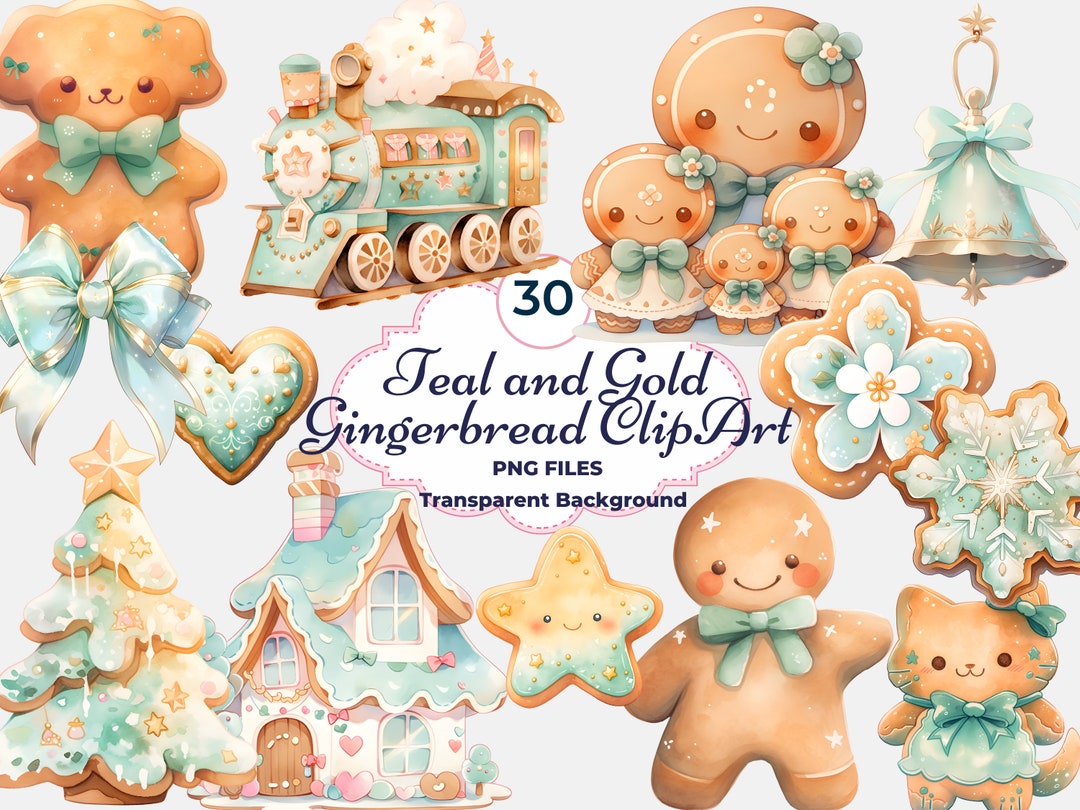 Teal and Gold Gingerbread Clipart, Cute Gingerbread PNG, Gingerbread ...