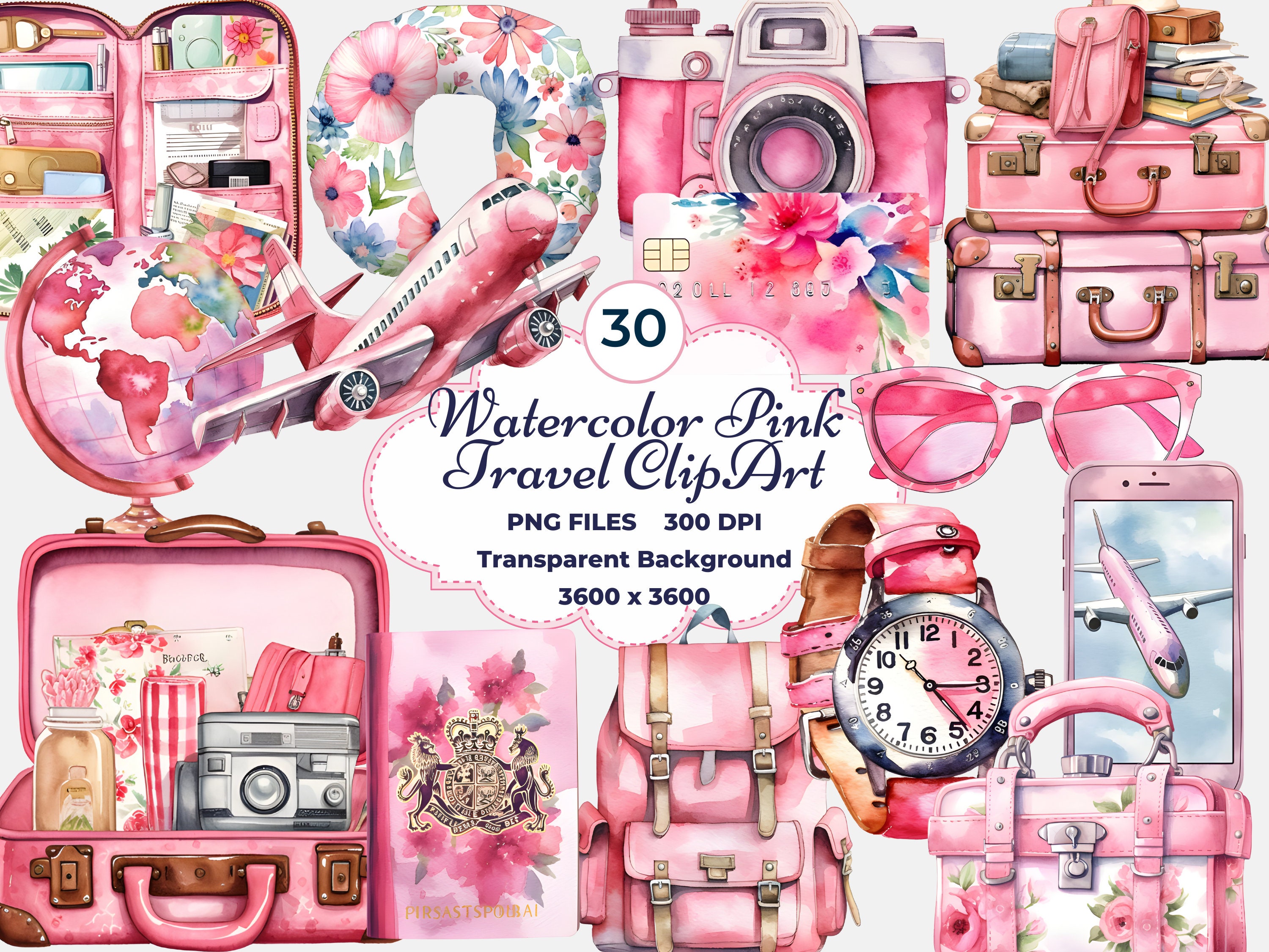 Watercolor Pink Travel Clipart Summer Vacation PNG Luggage - Etsy
