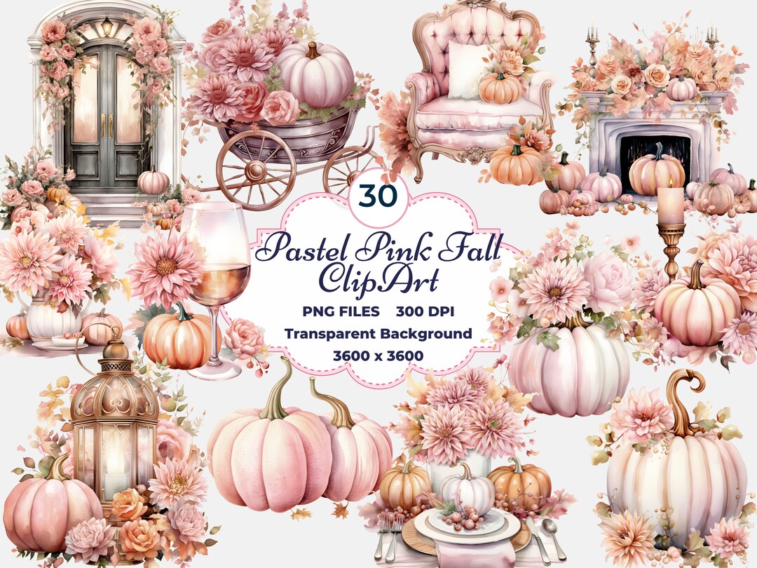 Pastel Pink Fall Clipart, Pastel Pumpkin PNG, Pink Autumn Clipart ...