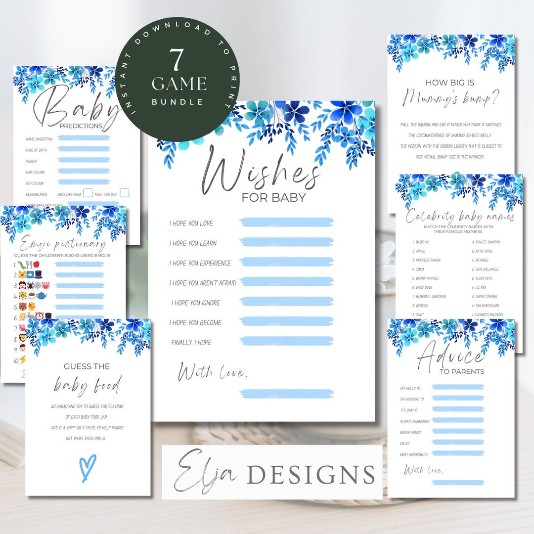 Blue Baby Shower Game Bundle Blue Floral Design Game Bundle Digital ...