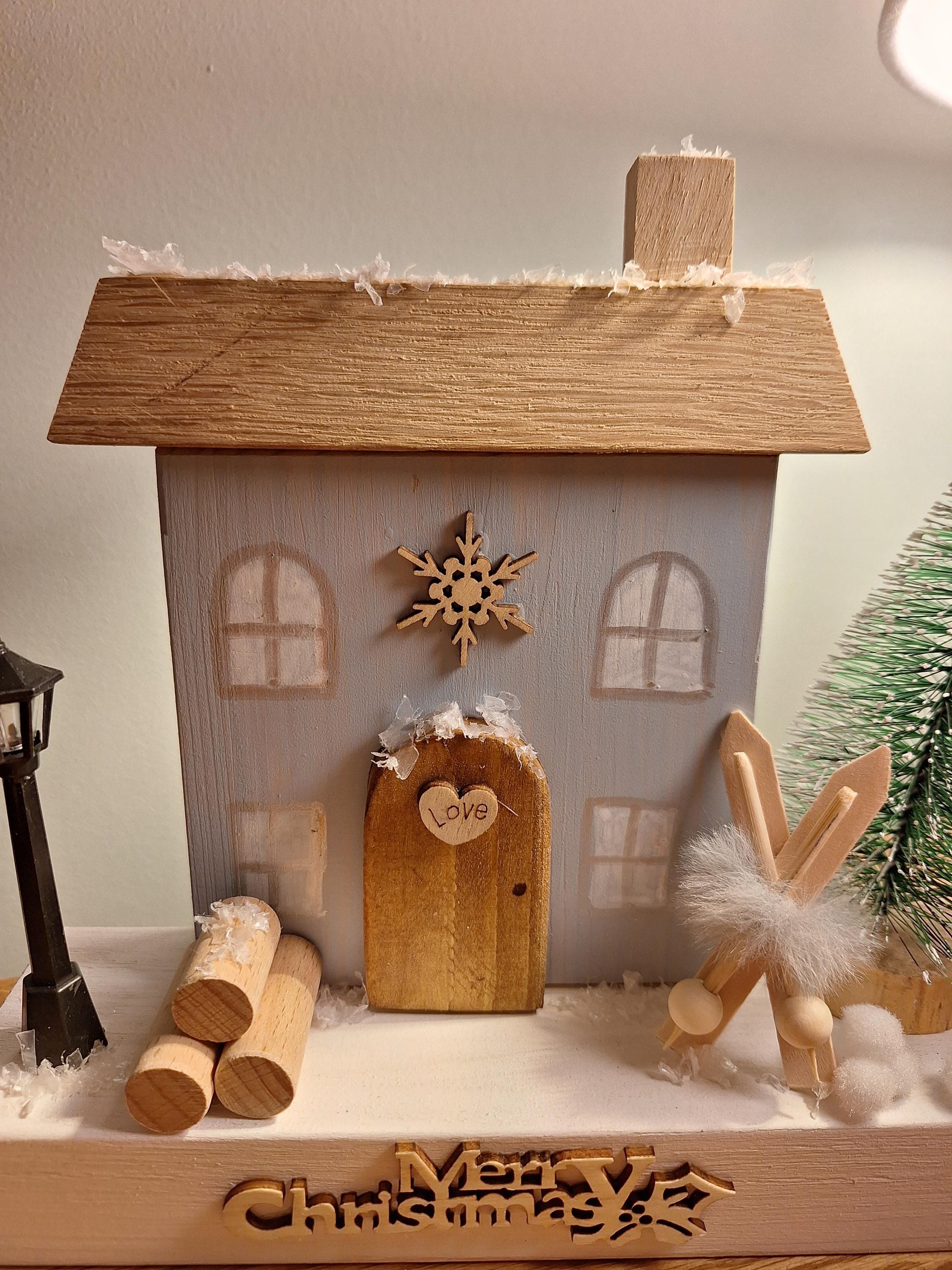 Christmas House Scene, With Christmas Tree, Skis, Lamppost, Logs and ...