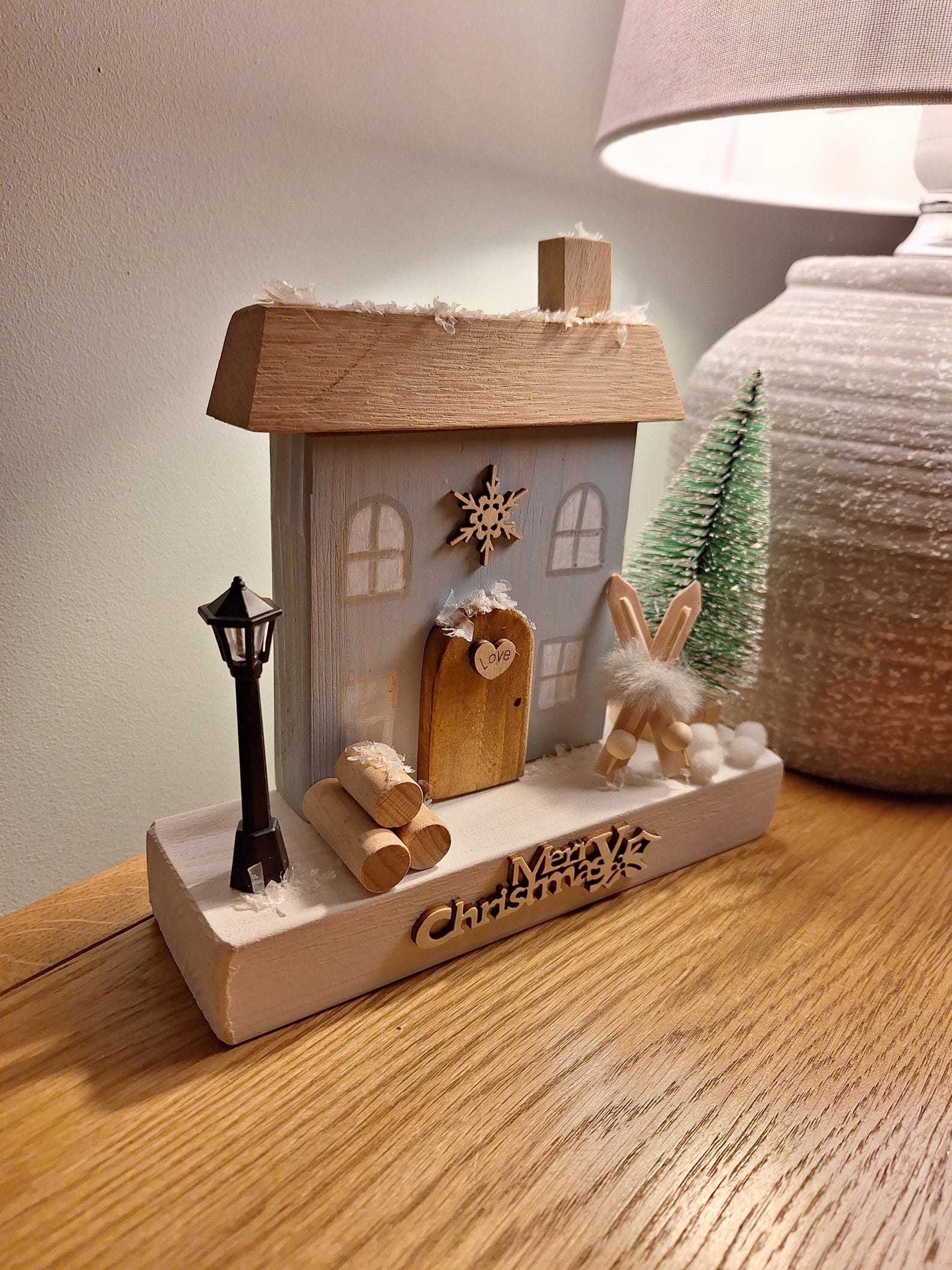Christmas House Scene, With Christmas Tree, Skis, Lamppost, Logs and ...