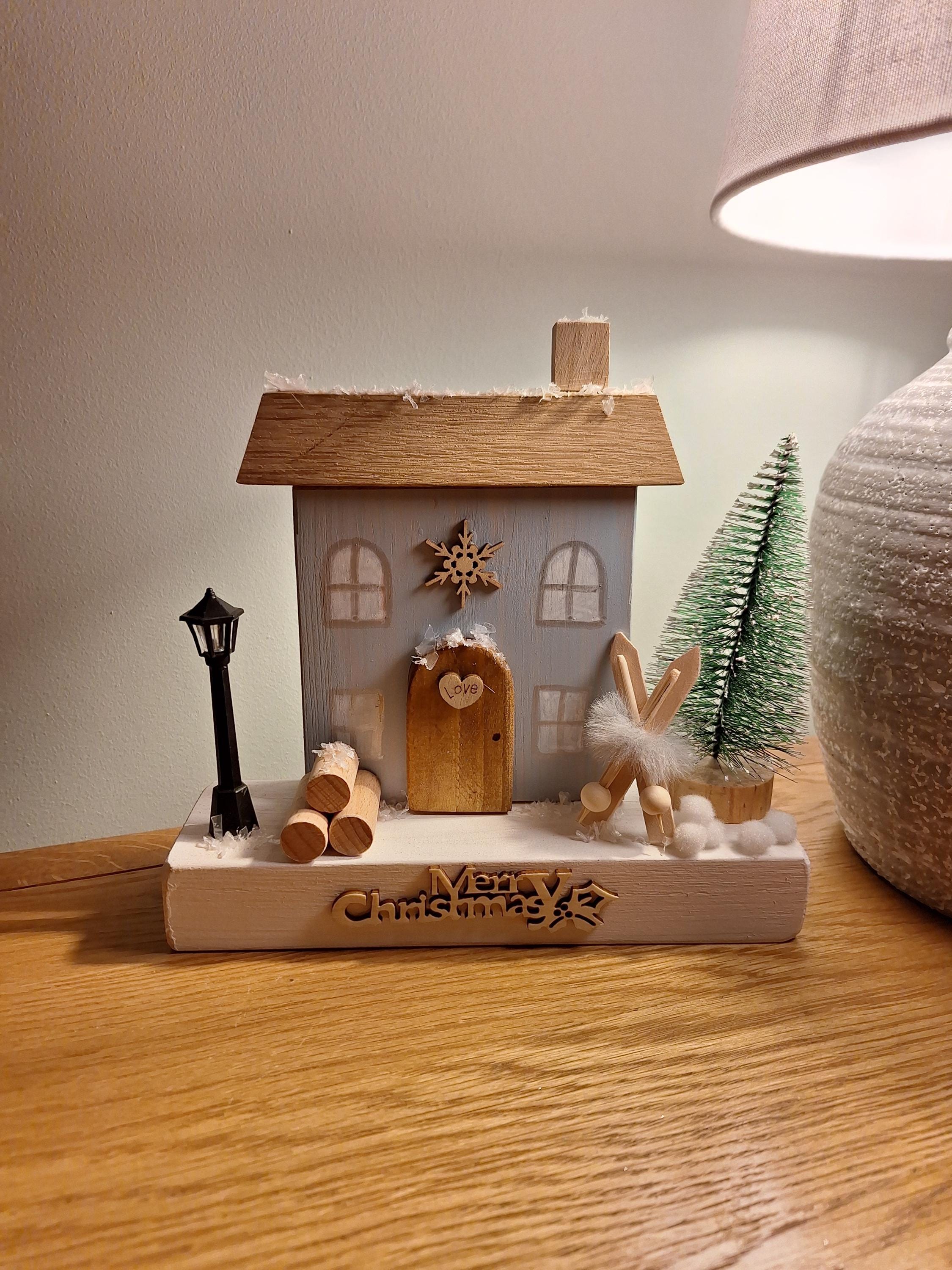 Christmas House Scene, With Christmas Tree, Skis, Lamppost, Logs and ...