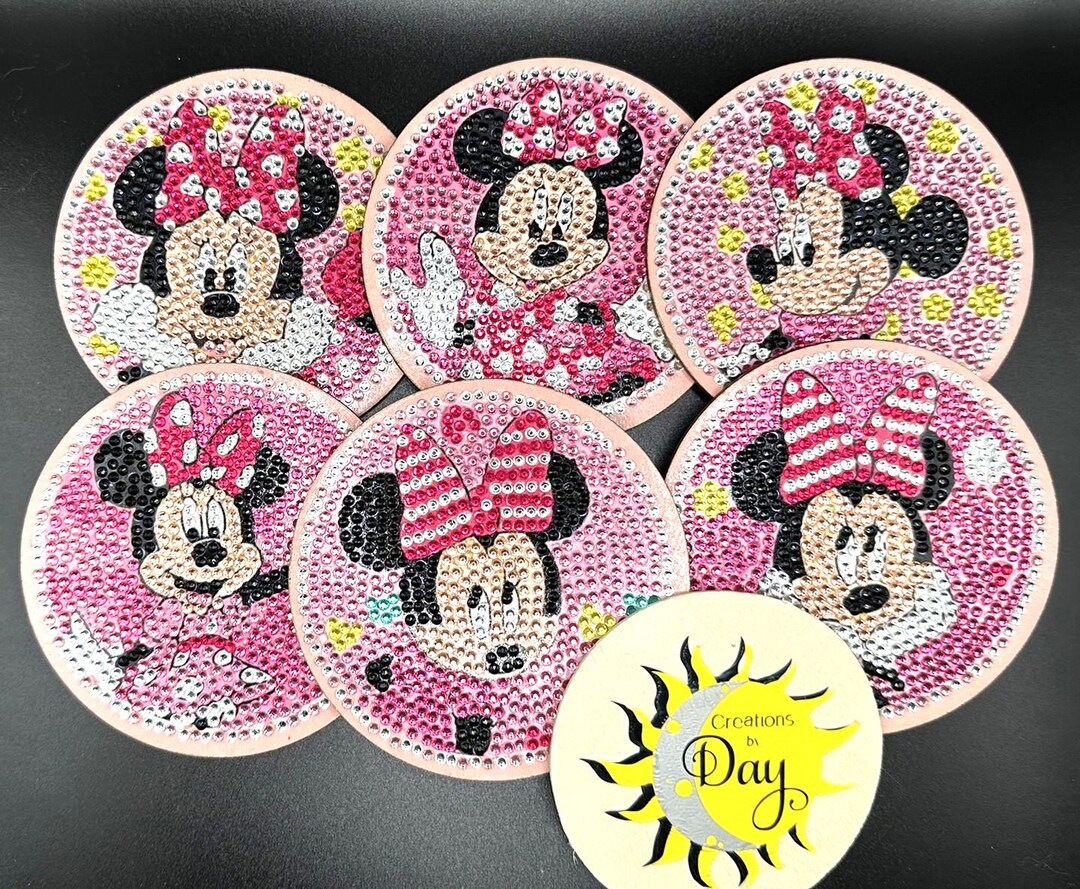 Disney Minnie Mouse Pink Diamond Painting Round Drink Coasters - Set of ...