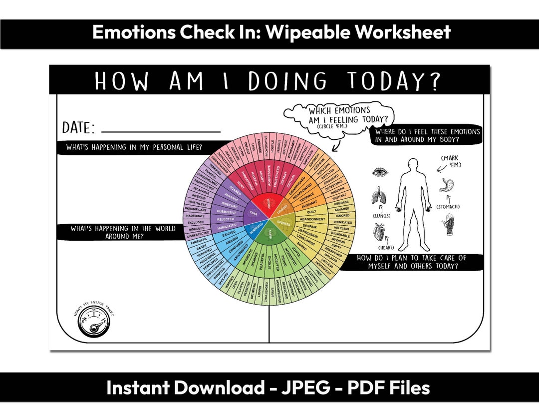 Emotions Check In: Digital Worksheet, DBT Feelings Wheel Chart, Therapy ...
