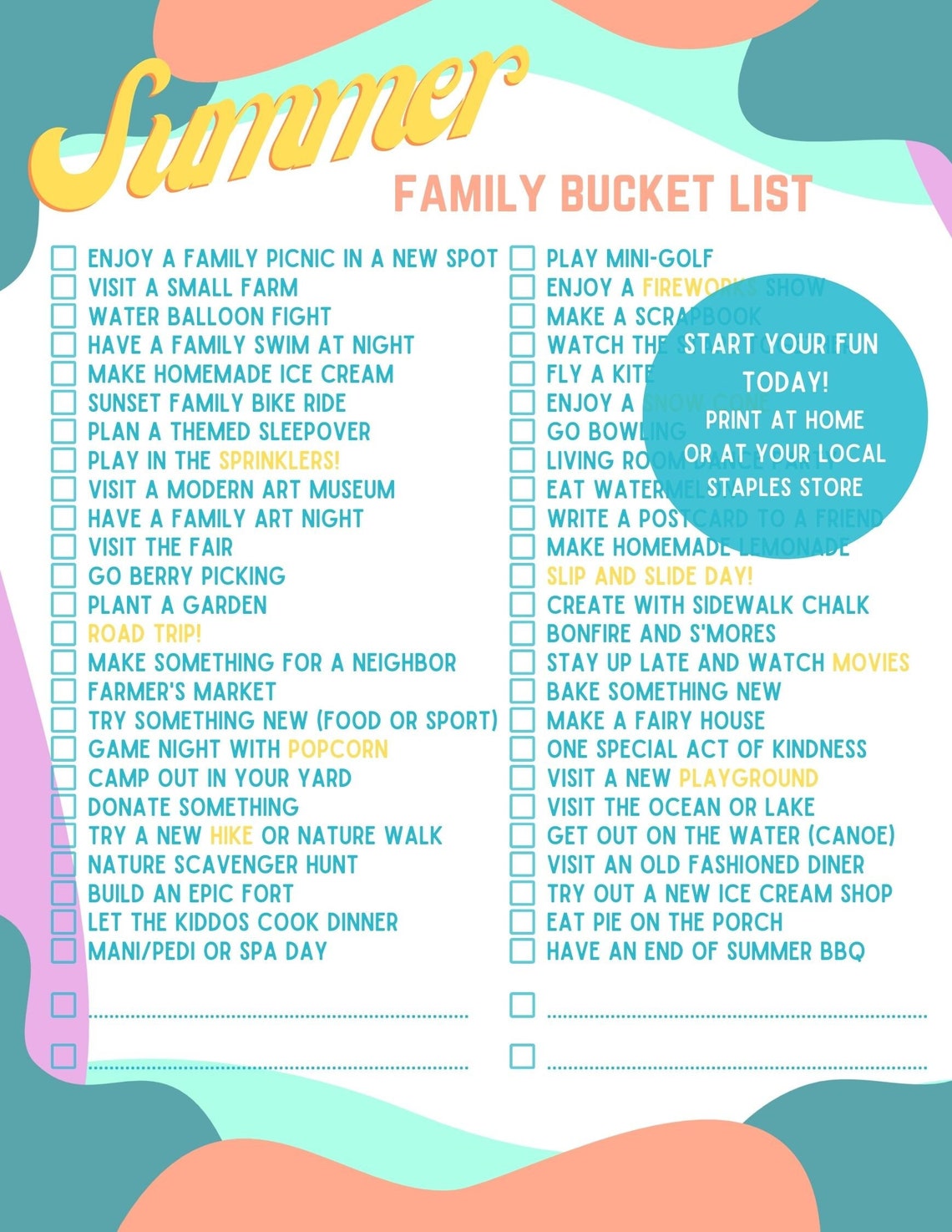 Summer Bucket List Printable, Summer Break Bucket List Template, Summer ...