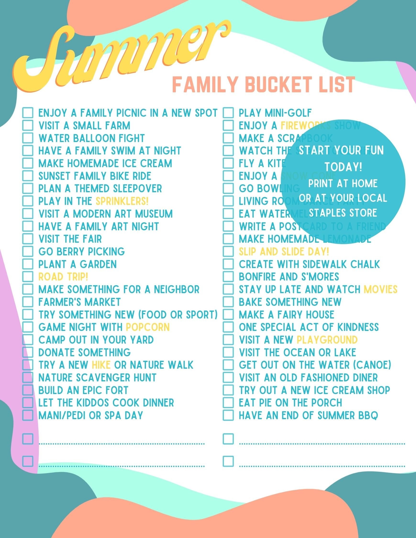 Summer Bucket List Printable, Summer Break Bucket List Template, Summer ...