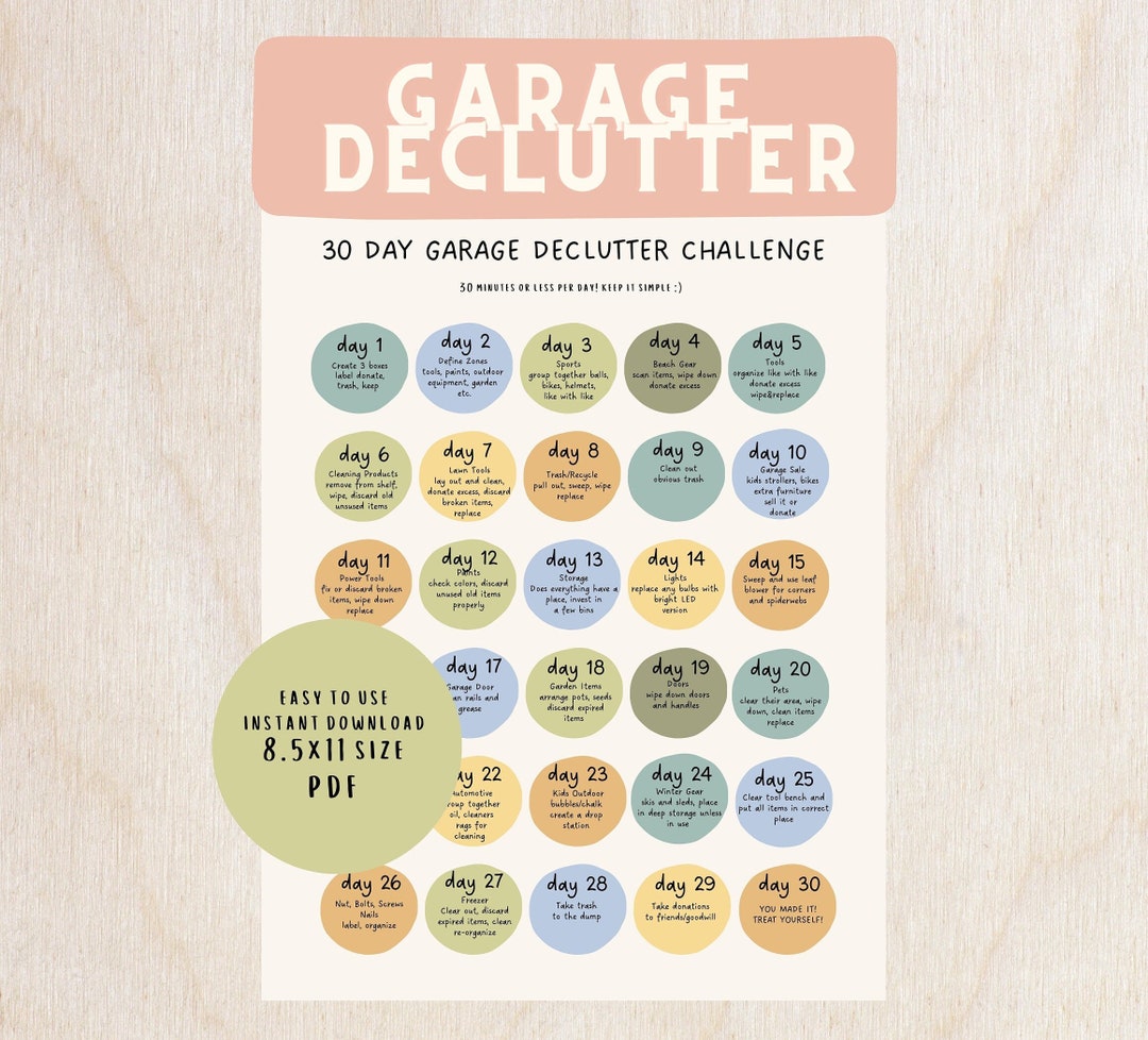 30 Day GARAGE Declutter Challenge Printable, Home Organizing, Easy Declutter Checklist ...