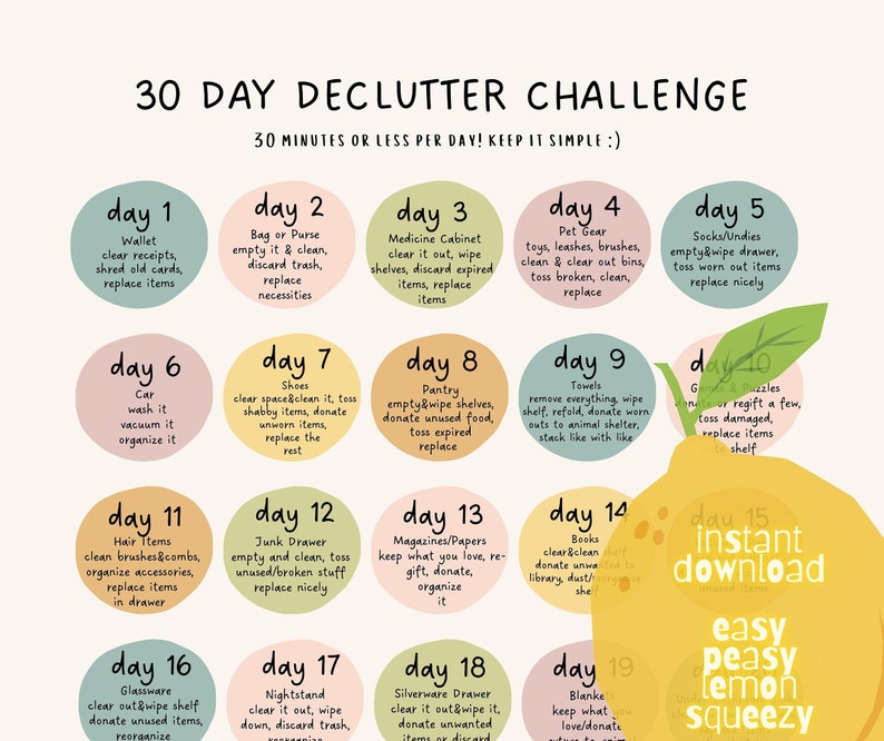 30 Day Declutter Challenge Printable, Home Organizing, Easy Declutter ...