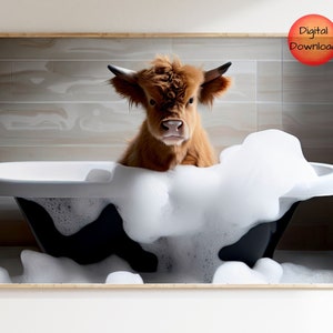 Baby Highland Cow Bathtub Print, Funny Cow Bathroom Wall Art, Whimsical ...