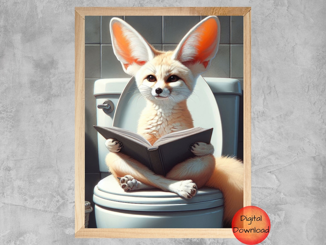 Funny Fox Toilet Wall Art, Fennec Fox Reading Bathroom Print, Fox ...