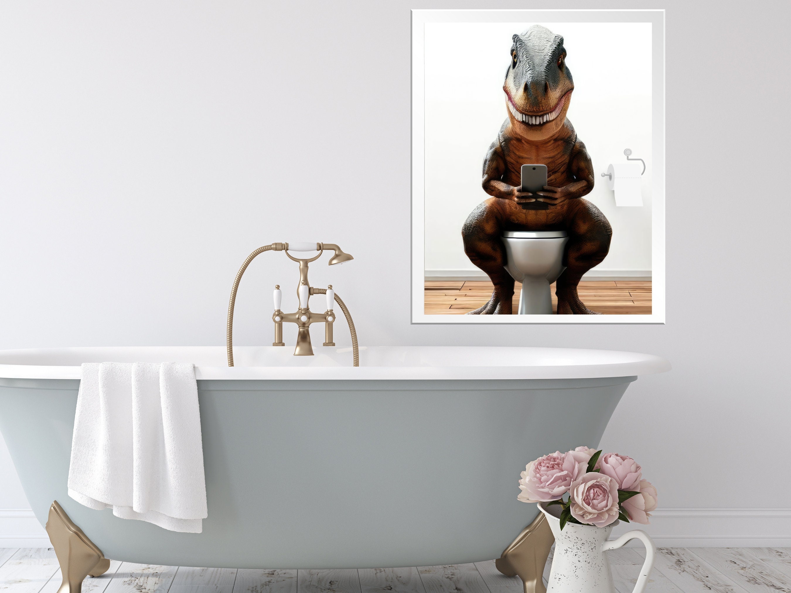 T-rex Bathroom Wall Art Dinosaur on Toilet With Phone - Etsy UK