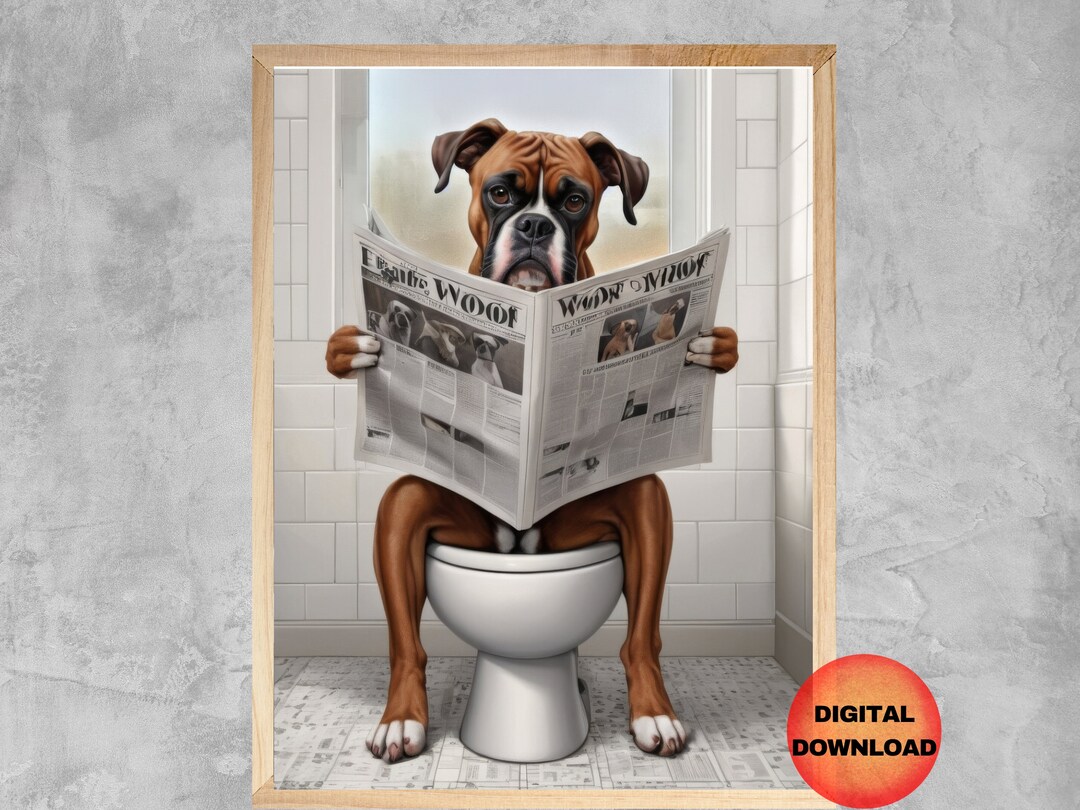 Boxer Reading Newspaper on Toilet Poster, Bathroom Toilet Wall Art ...