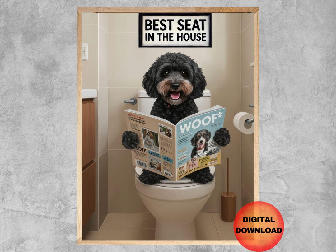Black Cavapoo Toilet Wall Art, Funny Cockapoo Dog Reading, Doodle Dog ...