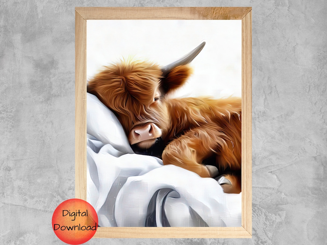 Highland Cow Sleeping Wall Art, Whimsical Animal in Bed Print, Quirky ...