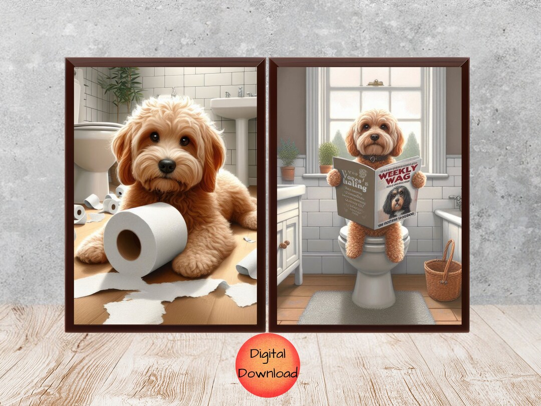 Cavapoo Sitting on Toilet, Cavapoo Bathroom Set of 2, Dog Bathroom ...