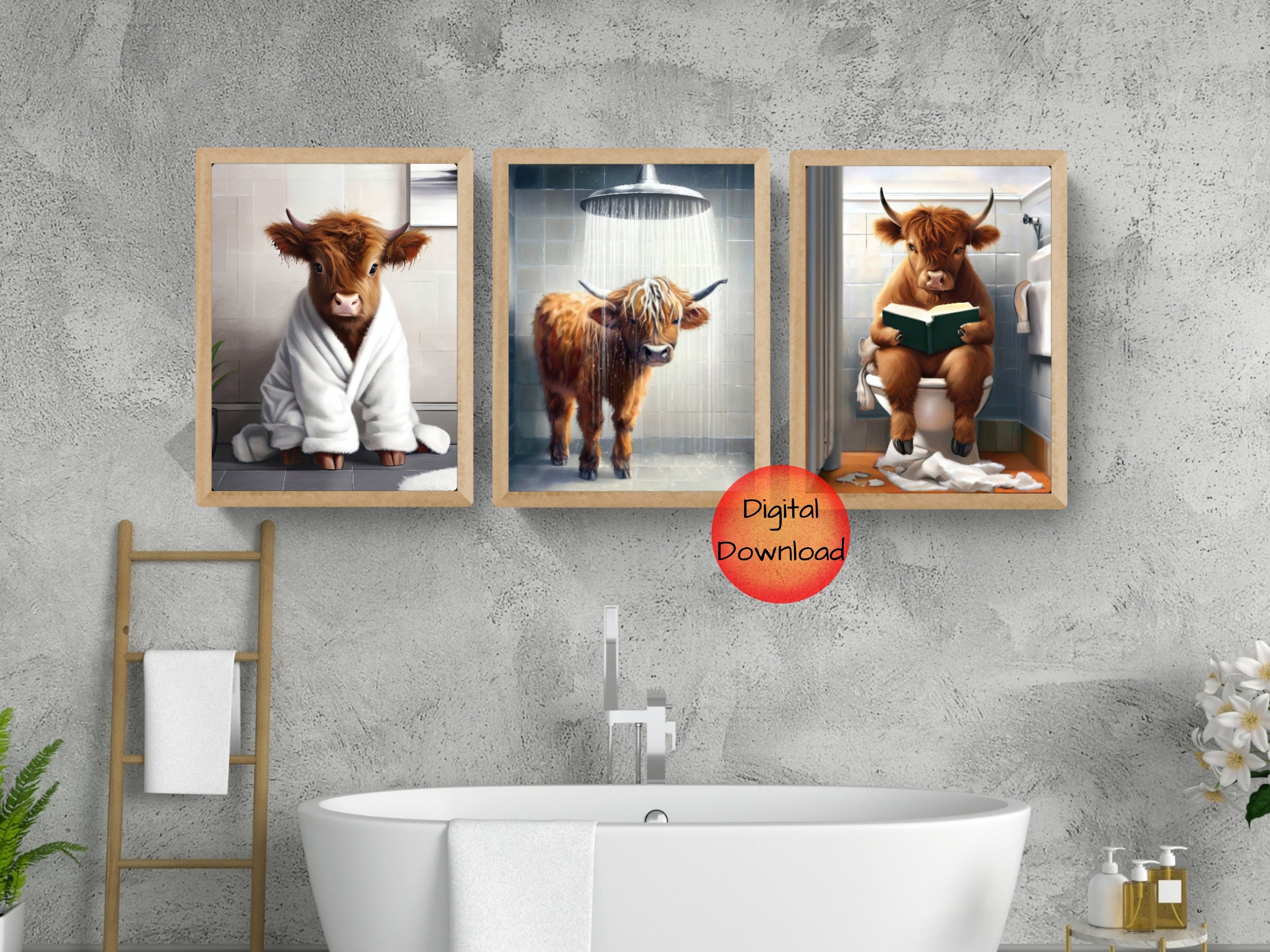 Highland Cow Bathroom Print, Cow in Shower, Cow Reading on Toilet ...