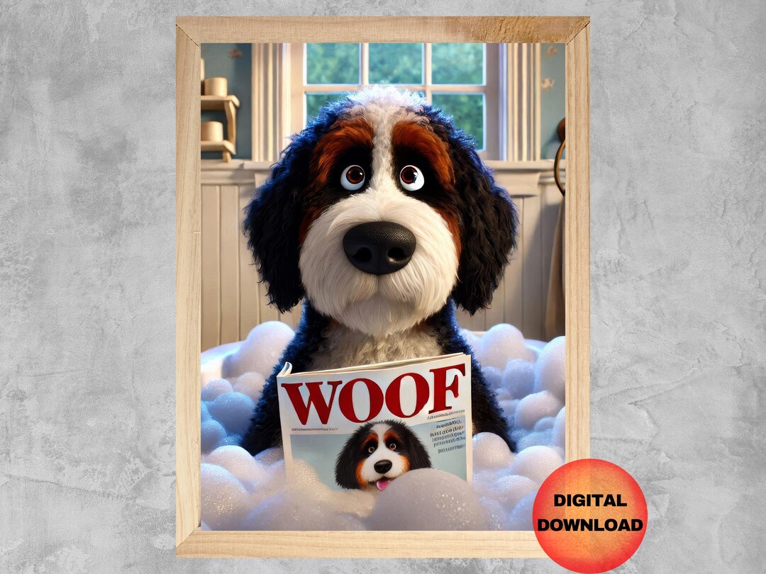 Funny Tri Color Bernedoodle Bathroom Wall Art, Pet in Bathtub Print ...