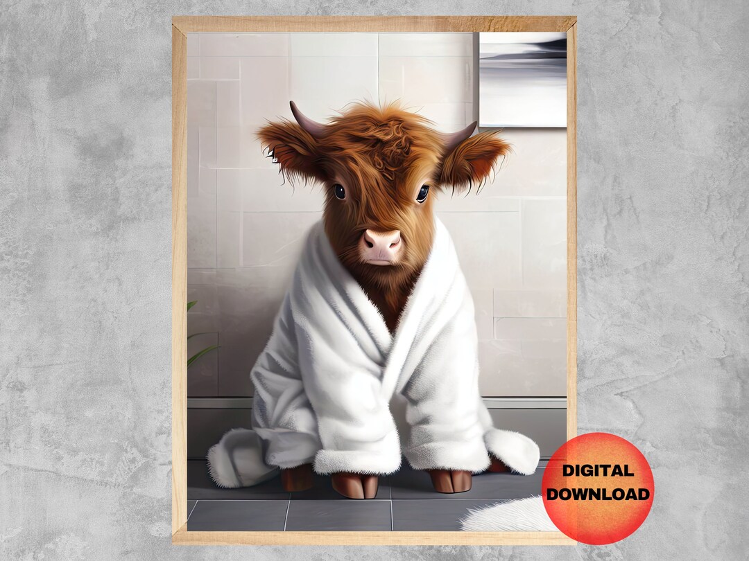 Highland Cow Bathroom Wall Art, Cow in Bathrobe, Funny Bathroom ...