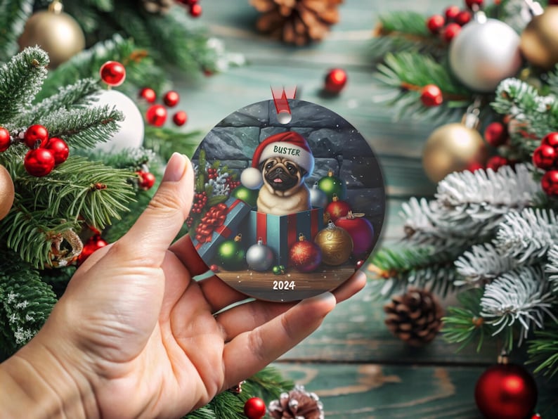 Personalized PUG Christmas Ornament, Custom Name Pug Tree Ornament, Pug ...