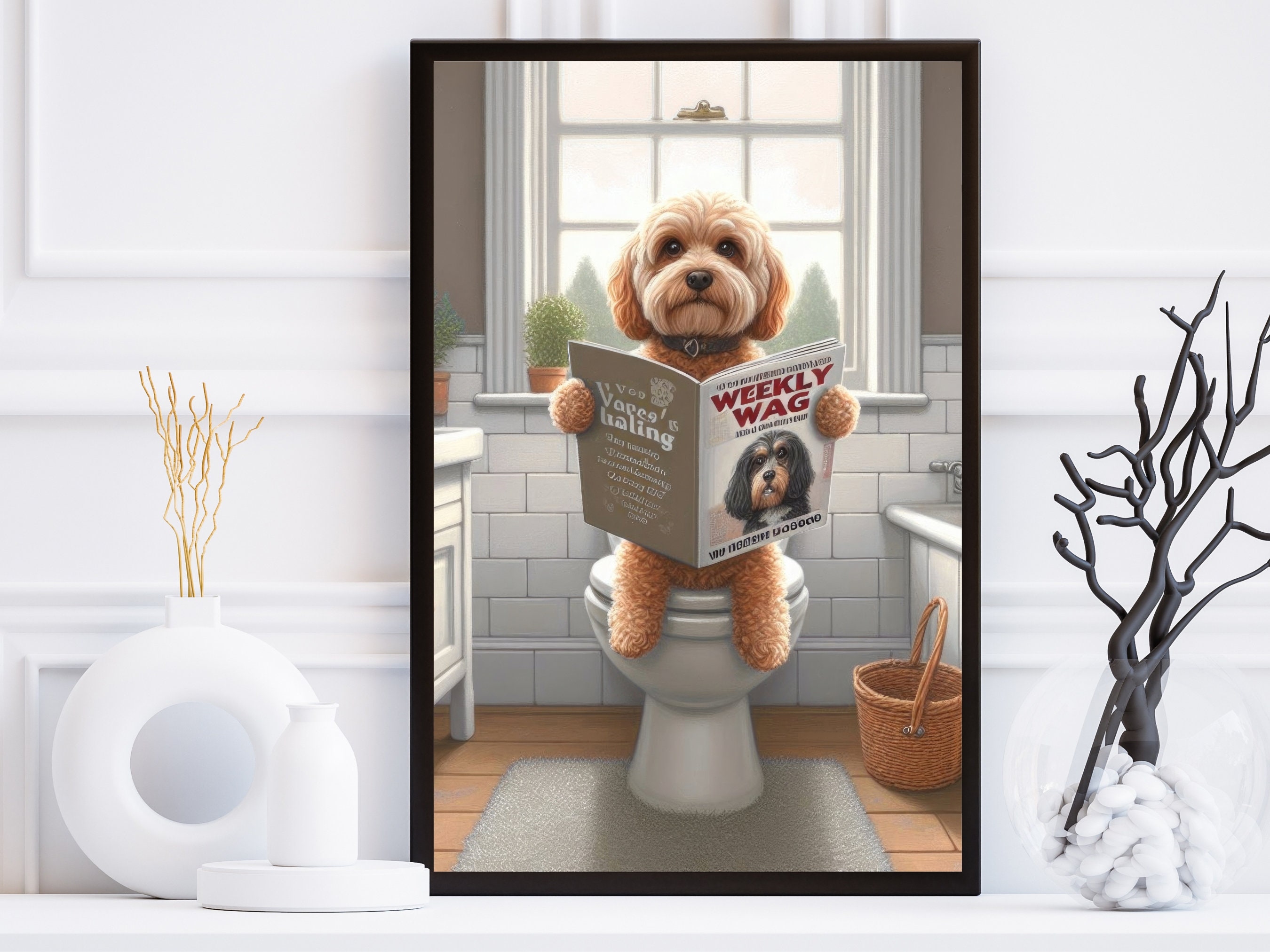 Cavapoo Sitting on Toilet, Cavapoo Bathroom Set of 2, Dog Bathroom ...