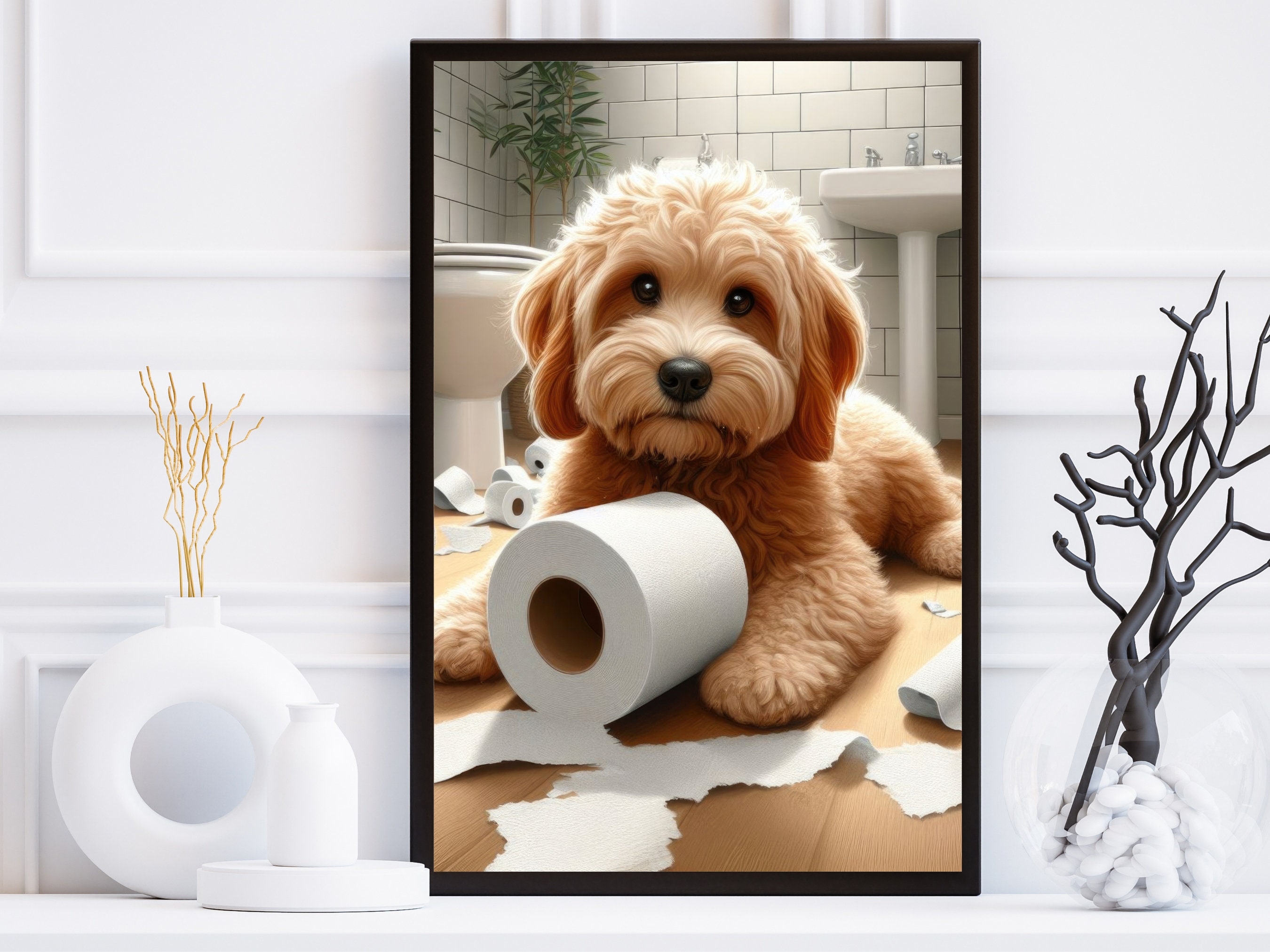 Cockapoo Funny Dog on Toilet Print, Cavapoo Bathroom Wall Art, Animal ...