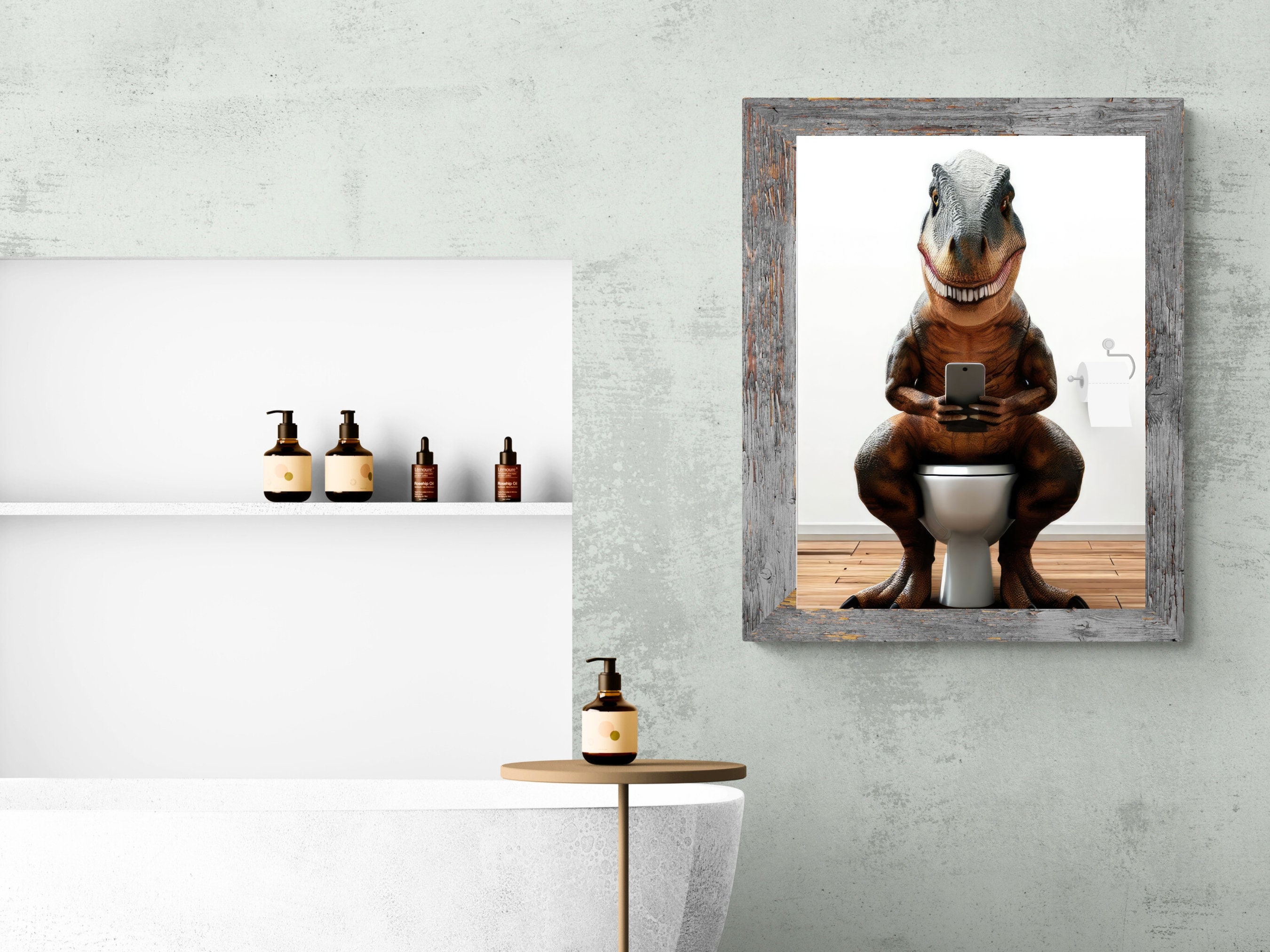T-rex Bathroom Wall Art, Dinosaur on Toilet With Phone, Whimsical ...