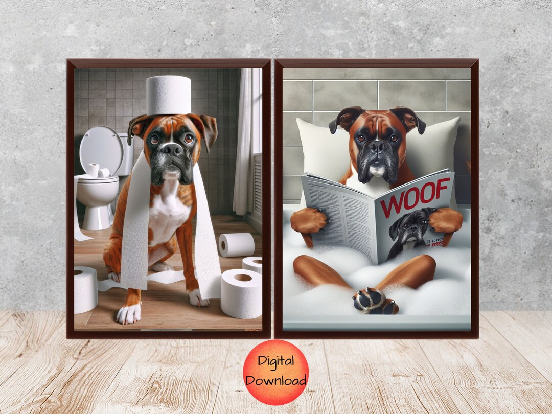 BOXER Bathroom Set of 2 Prints, Dog in Bath, Funny Toilet Paper Dog Art ...