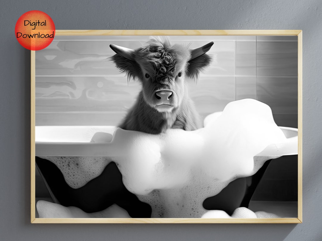 Baby Highland Cow Bathtub Print, Whimsical Bathroom Wall Art, Funny ...