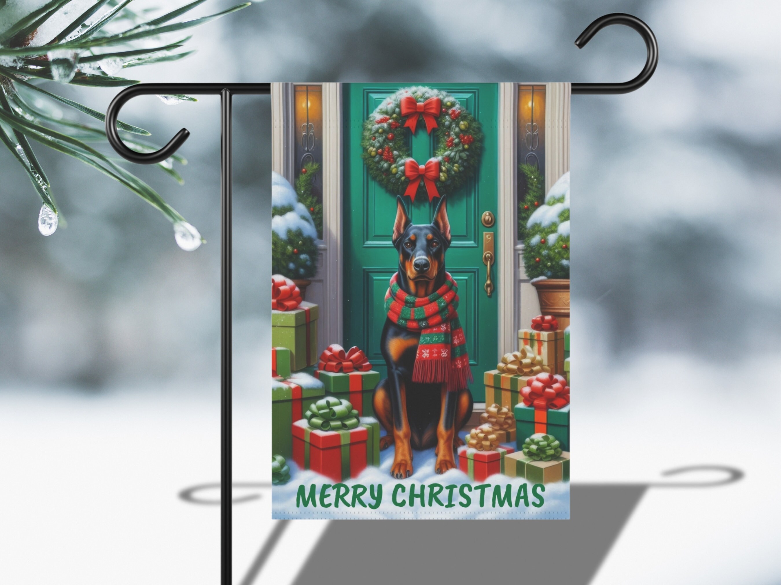 Doberman Christmas Holiday Yard Flag, Winter Doberman Garden Flag ...