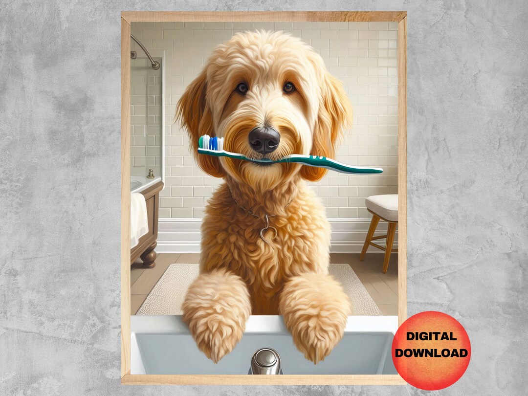GOLDENDOODLE Bathroom Wall Art, Funny Doodle Dog Brushing Teeth ...