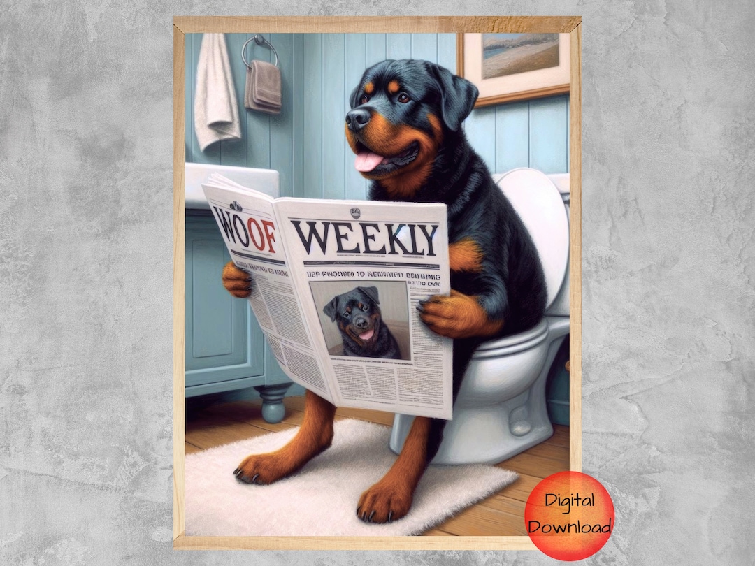 Rottweiler Sitting on Toilet Reading Newspaper, Rottweiler Bathroom Art ...