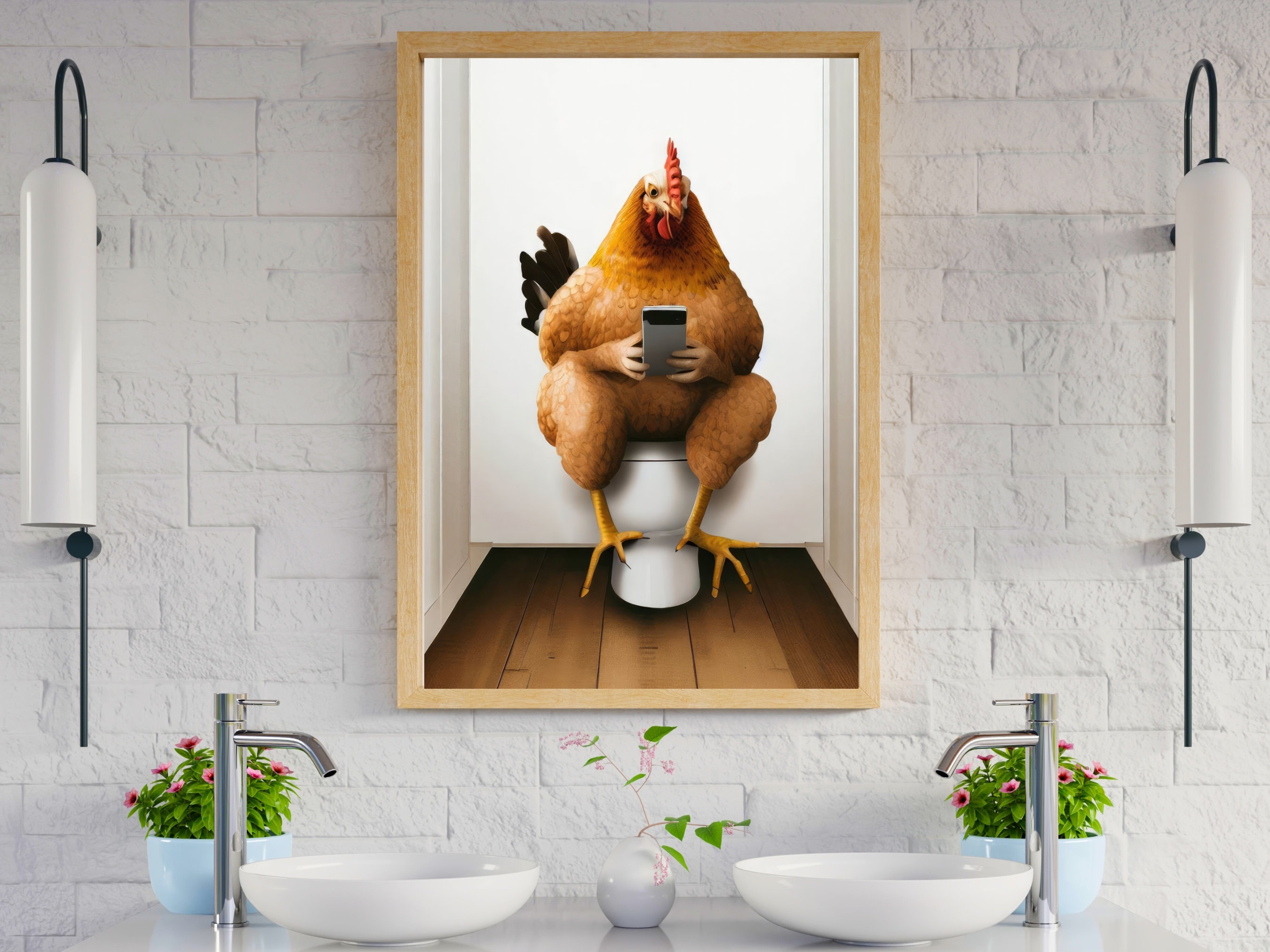 Chicken Bathroom Wall Art, Funny Bathroom Humor, Chicken on Toilet With ...